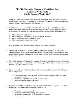 SF Worksheet One - practice questions - BF2244: Strategic Finance ...