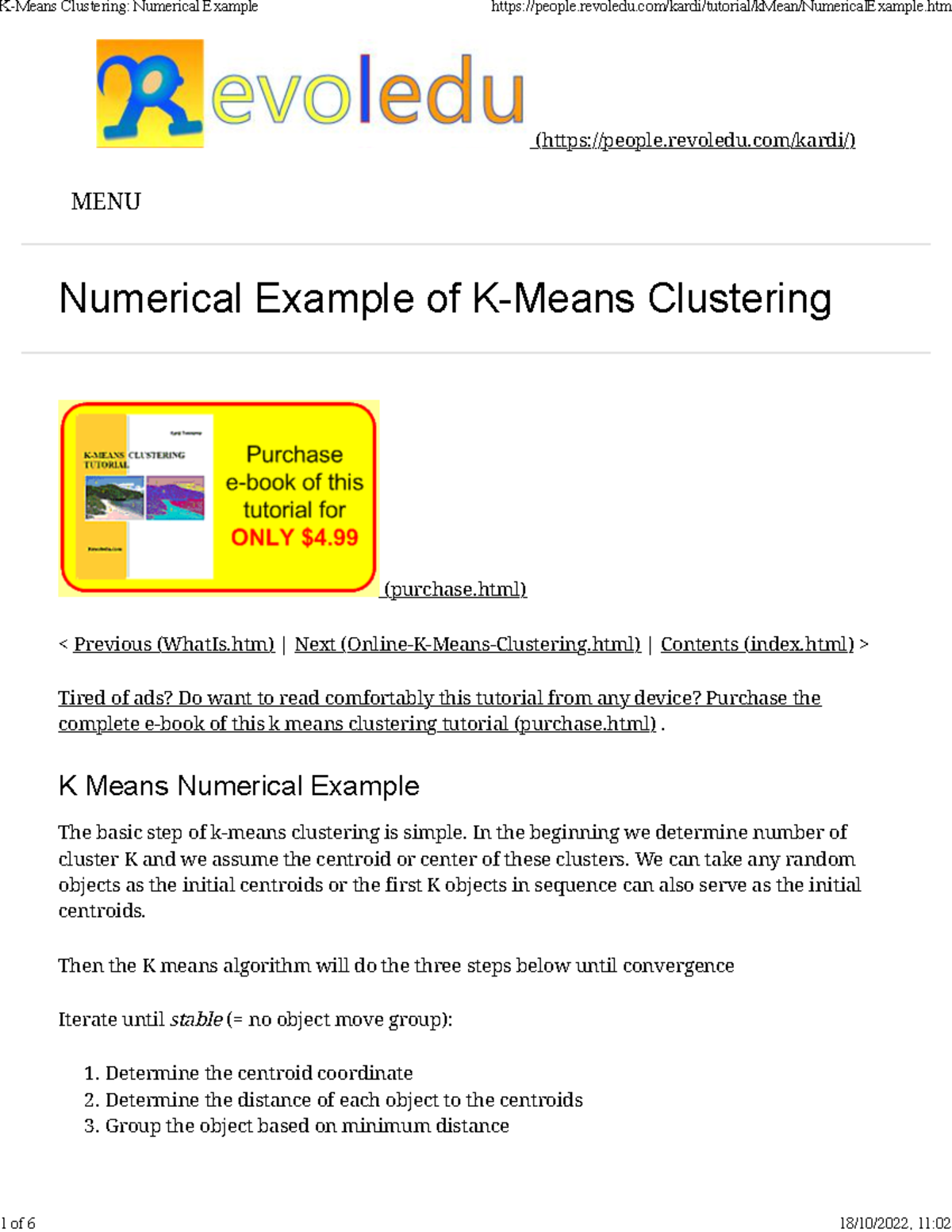 K-Means Clustering Numerical Example - (people.revoledu/kardi/) MENU ...