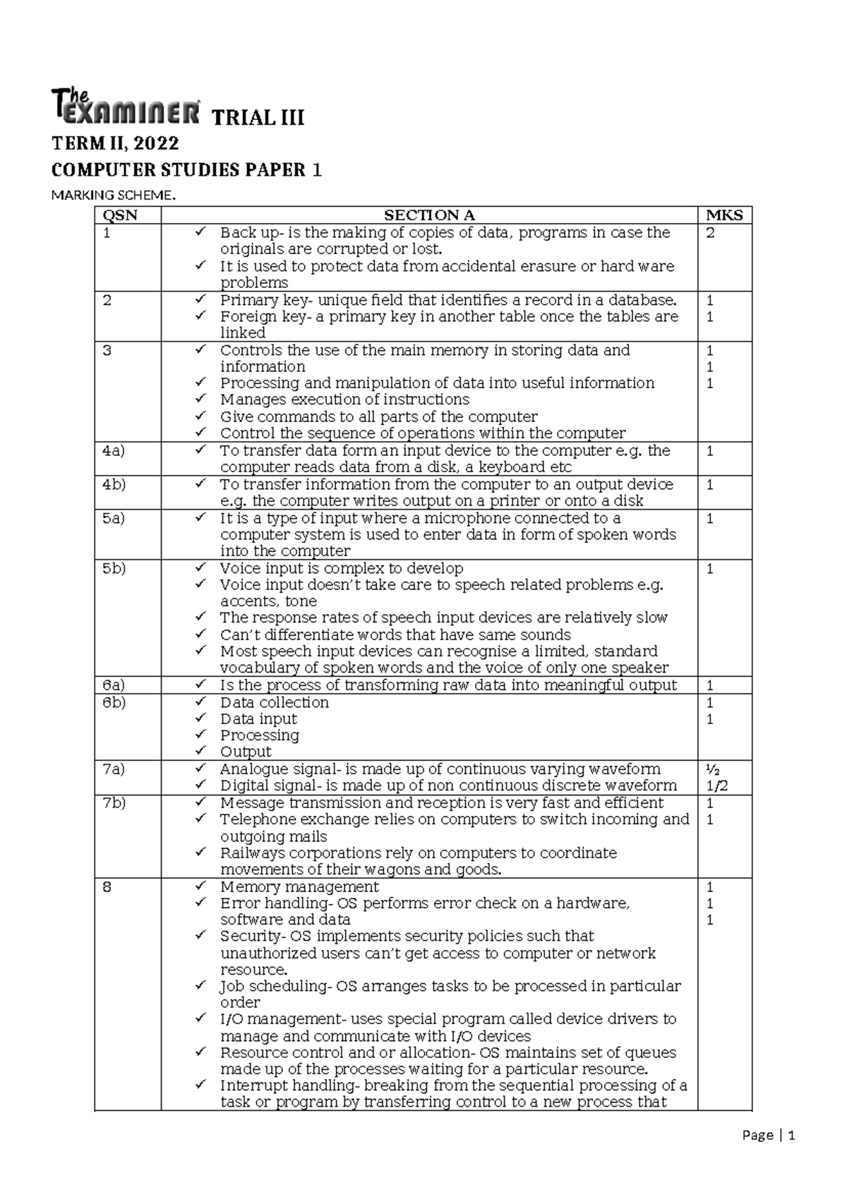 2.COMP P1 MS - good work - TRIAL III TERM II, 2022 COMPUTER STUDIES PAPER 1 MARKING SCHEME. QSN ...