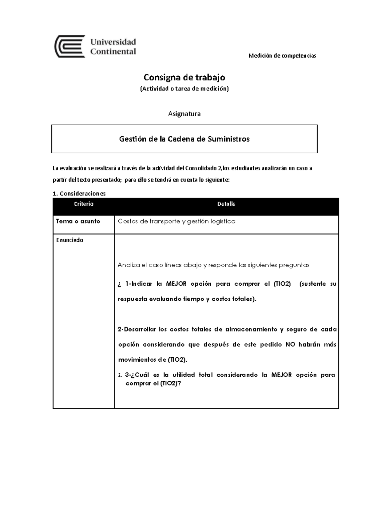 Consigna 2024 Cadena DE Suministros - Medición de competencias Consigna de trabajo (Actividad o ...