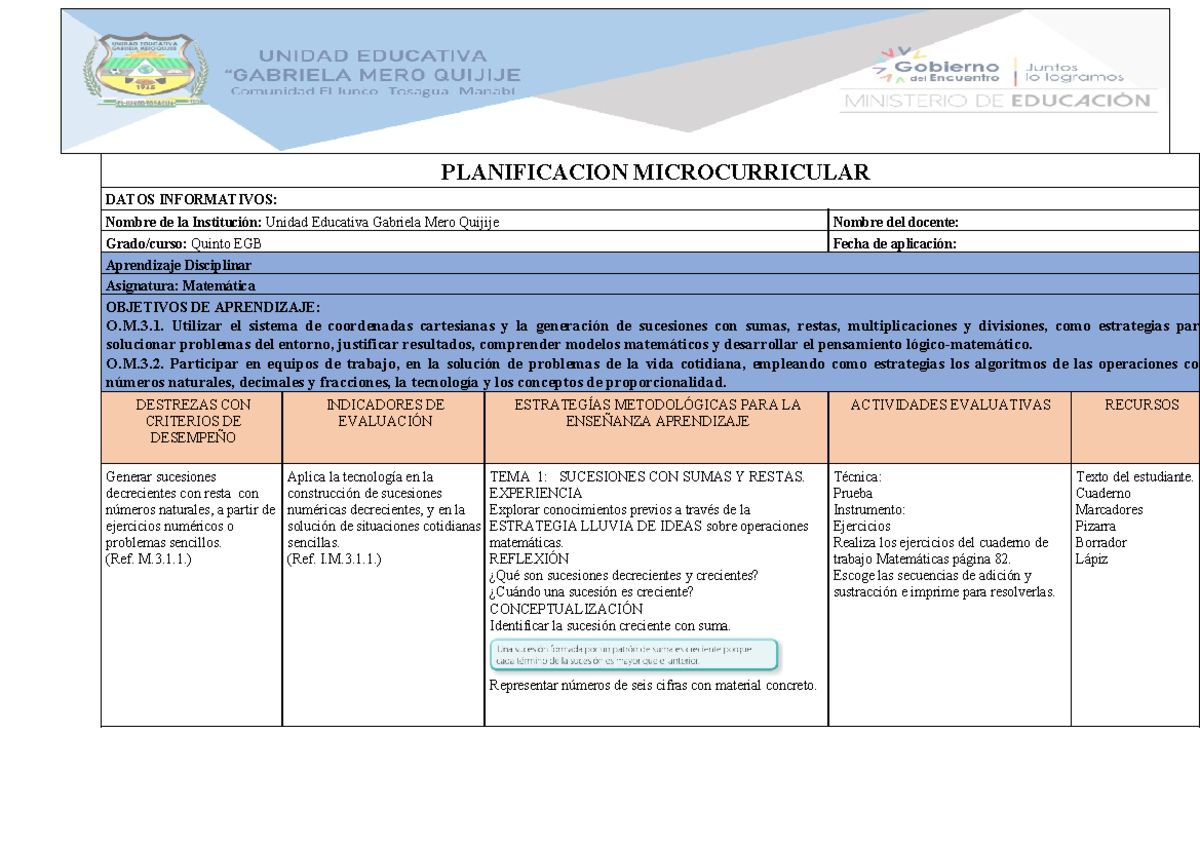 PUD - Matematica Y Lengua - PLANIFICACION MICROCURRICULAR DATOS INFORMATIVOS: Nombre de la - Studocu