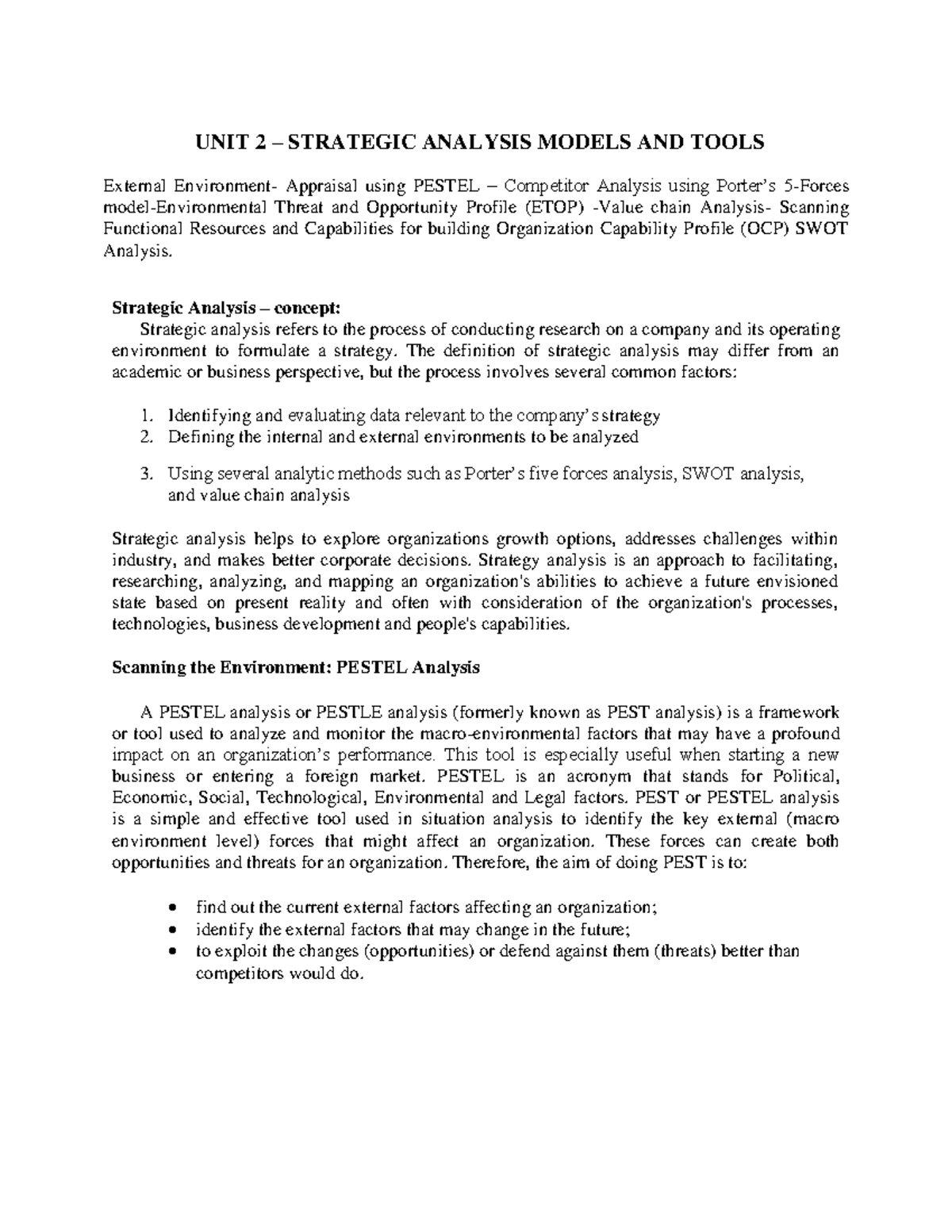 BPSM Module 2 - Material - UNIT 2 – STRATEGIC ANALYSIS MODELS AND TOOLS External Environment ...