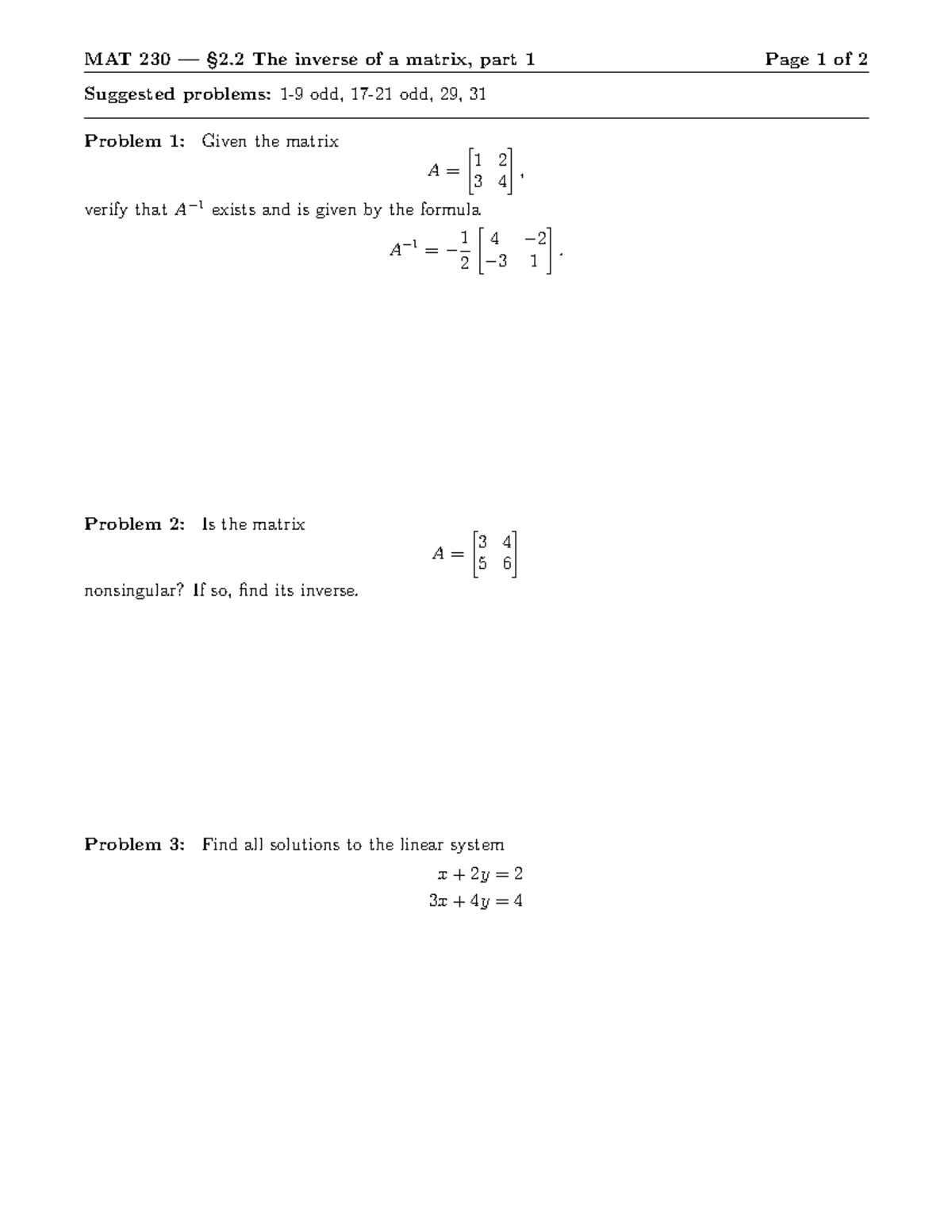 10-19 2.2 The inverse of a matrix, part 1, Handout - MAT 230 — §2 The ...