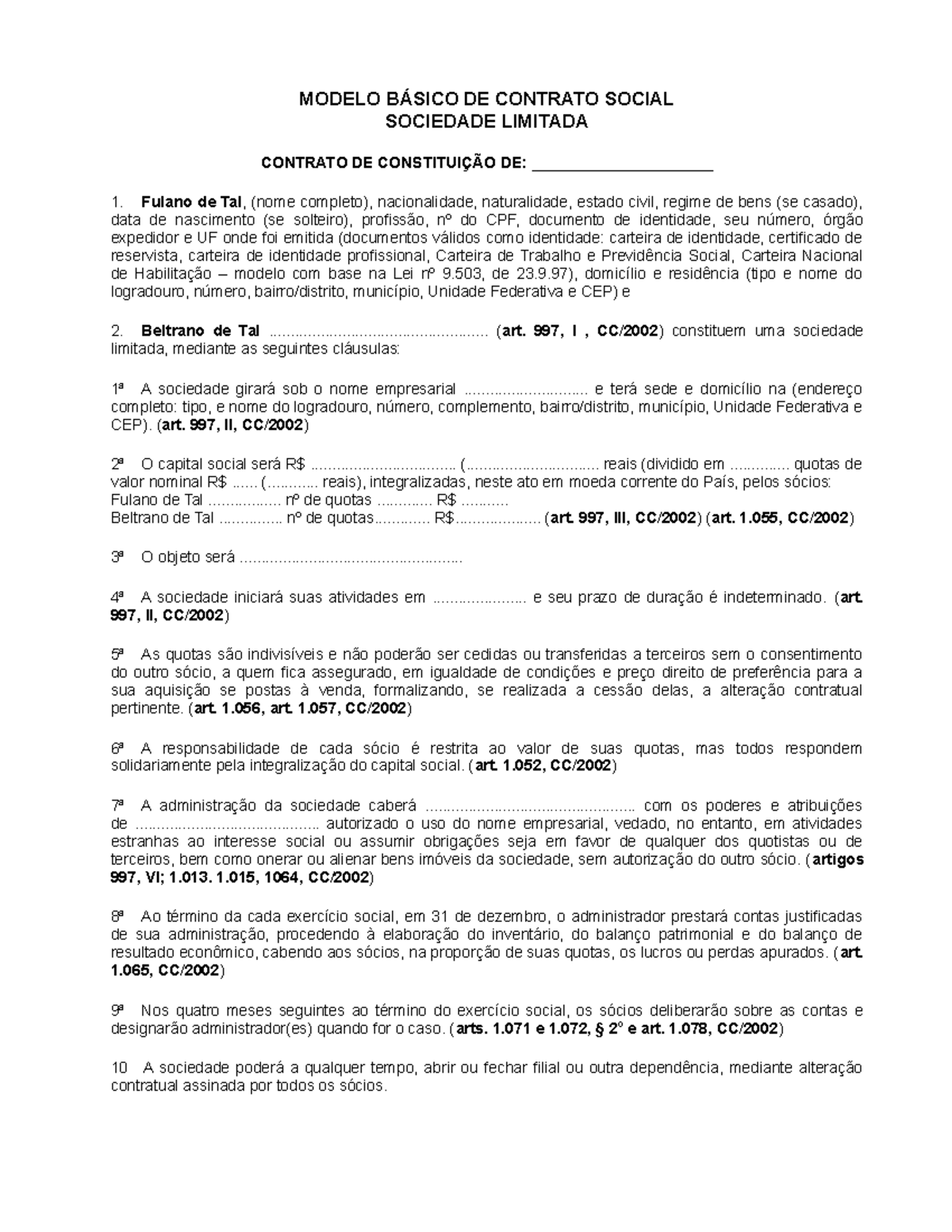Modelo basico contrato 3 - MODELO BÁSICO DE CONTRATO SOCIAL SOCIEDADE ...