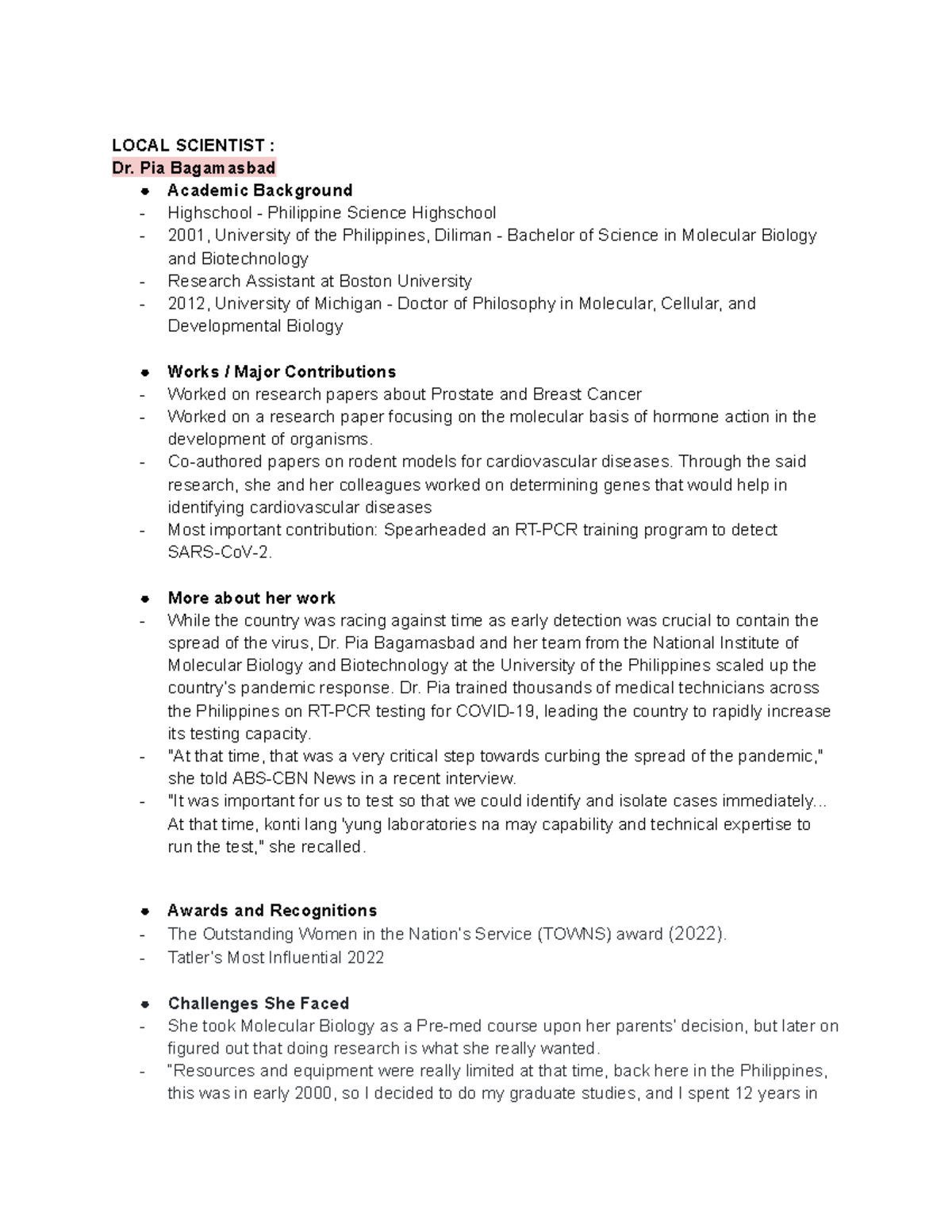 Scientists FOR Recit - LOCAL SCIENTIST : Dr. Pia Bagamasbad Academic ...