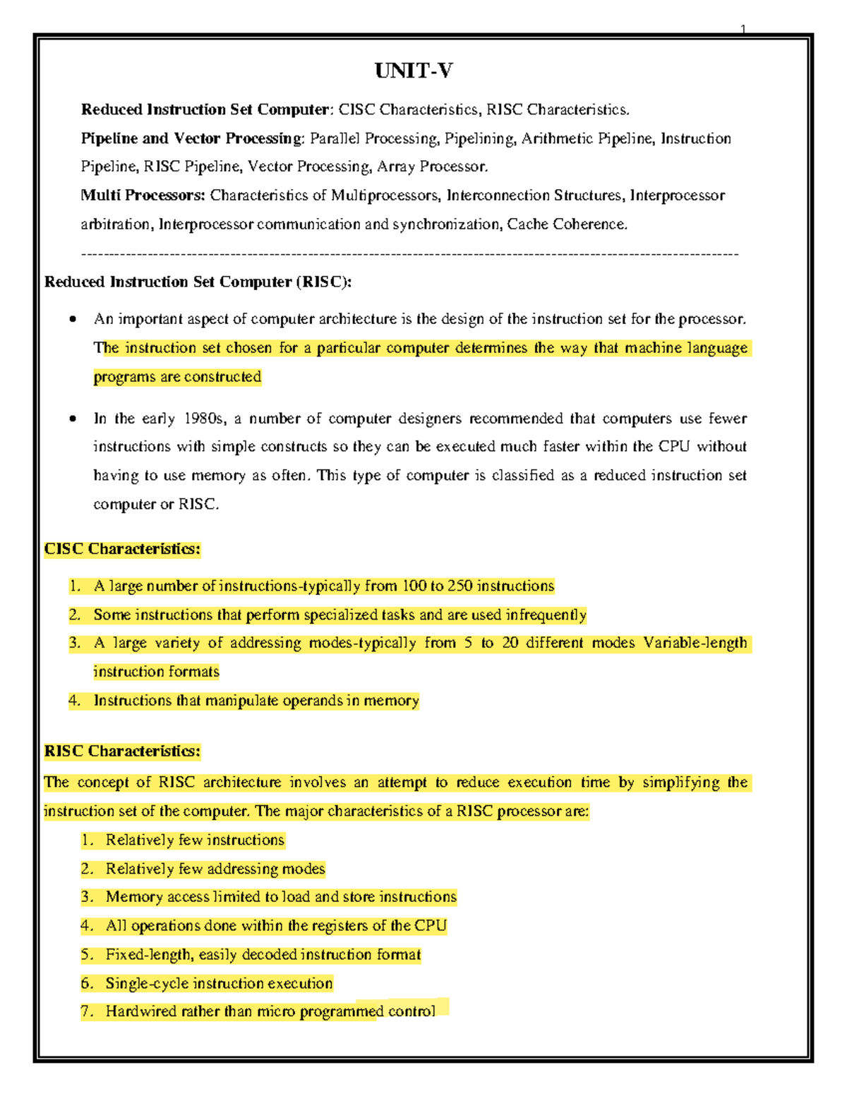 Unit 5 COA FULL marked - unit 5 under jntuh - UNIT-V Reduced ...