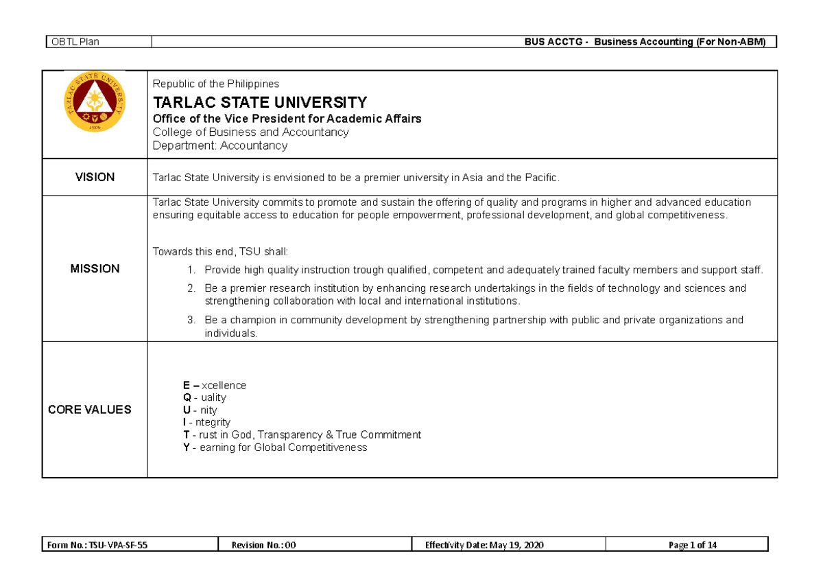 BUA Acctg Flexible OBTL A4 - Republic of the Philippines TARLAC STATE ...