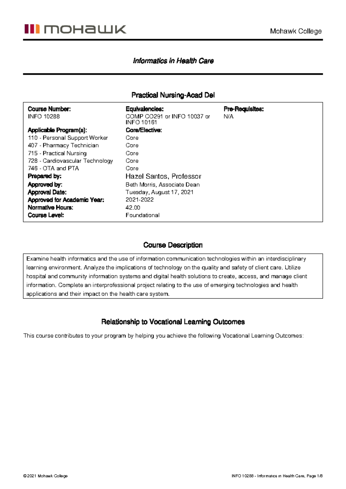 INFO10288 - Course Outline - Mohawk College Informatics in Health Care ...