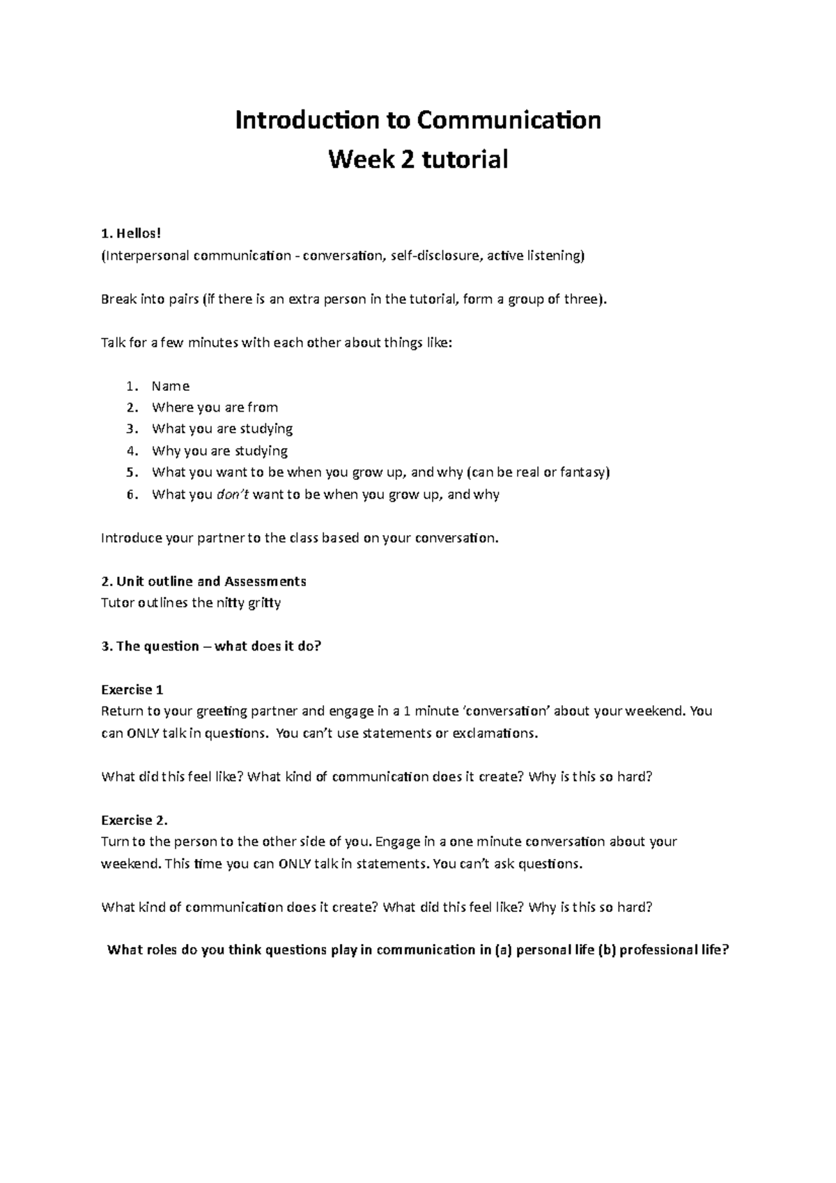 Tutorial Activities - Introduction to Communication Week 2 tutorial ...