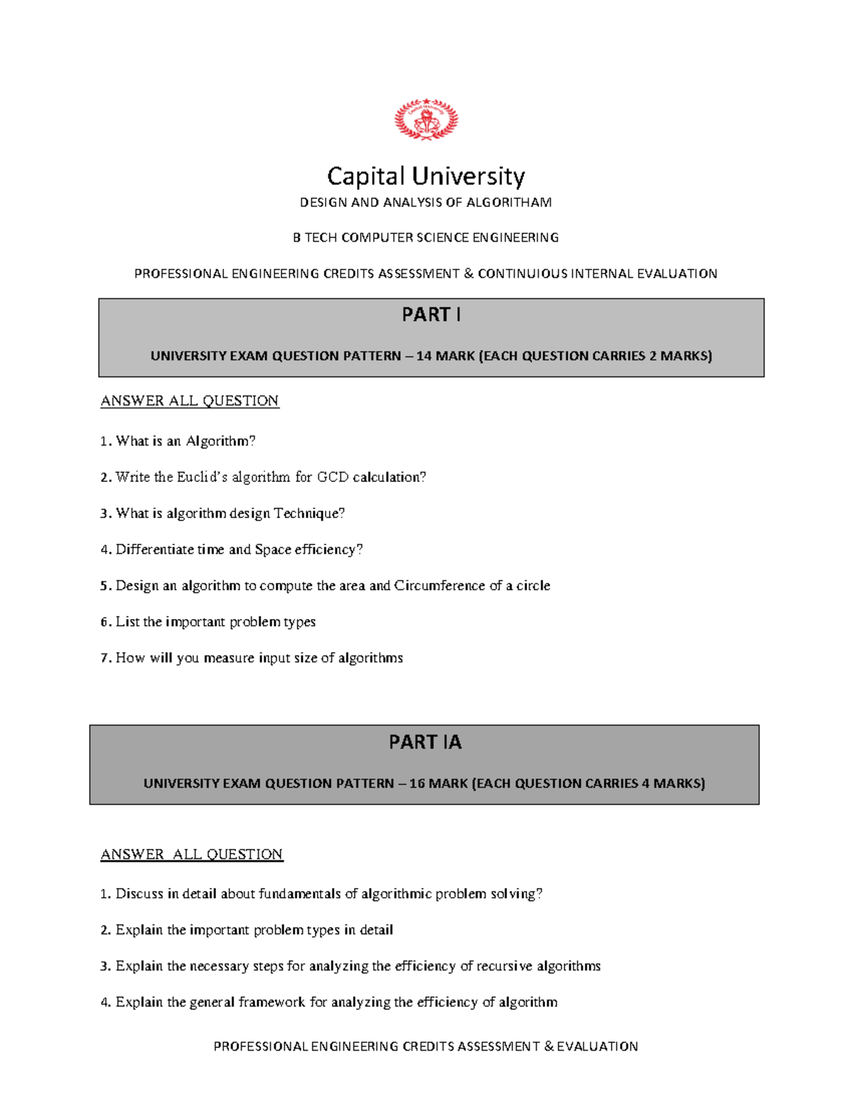 Design AND Analysis OF Algoritham PDF 1 - PART I UNIVERSITY EXAM ...