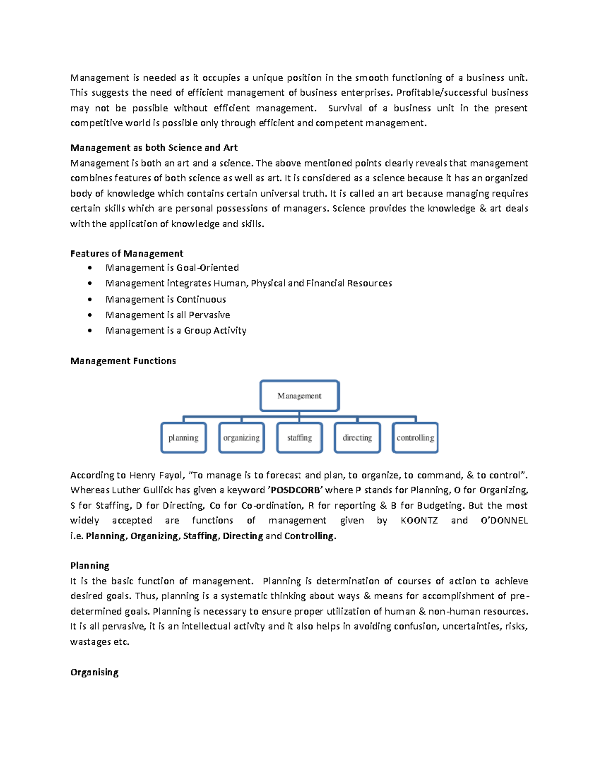Management functions - Management is needed as it occupies a unique ...
