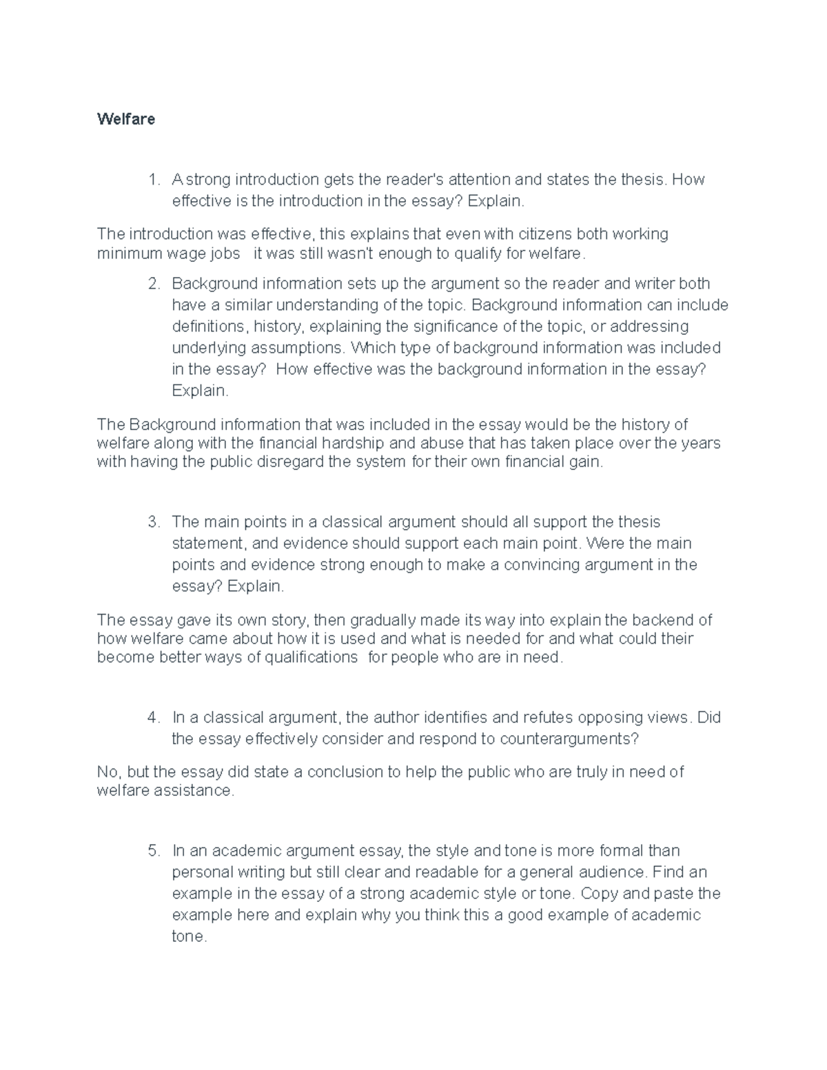 Unit 9 Discussion - Academic Argument Models - Welfare A strong ...