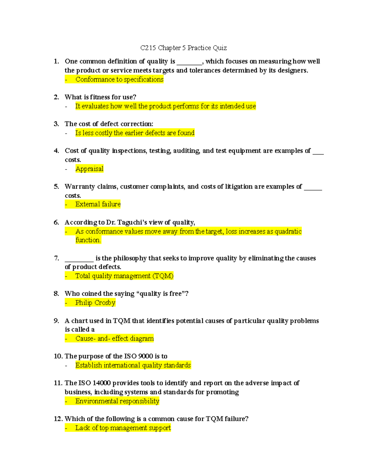 C215 Chapter 5 Practice Quiz - Conformance to specifications What is ...