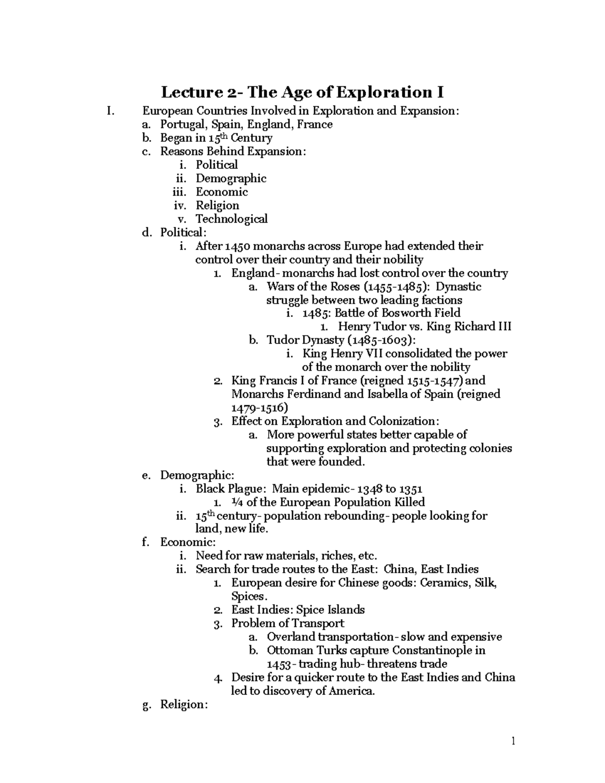Lecture 2- The Age of Exploration I (01-23)- Outline - Lecture 2- The ...