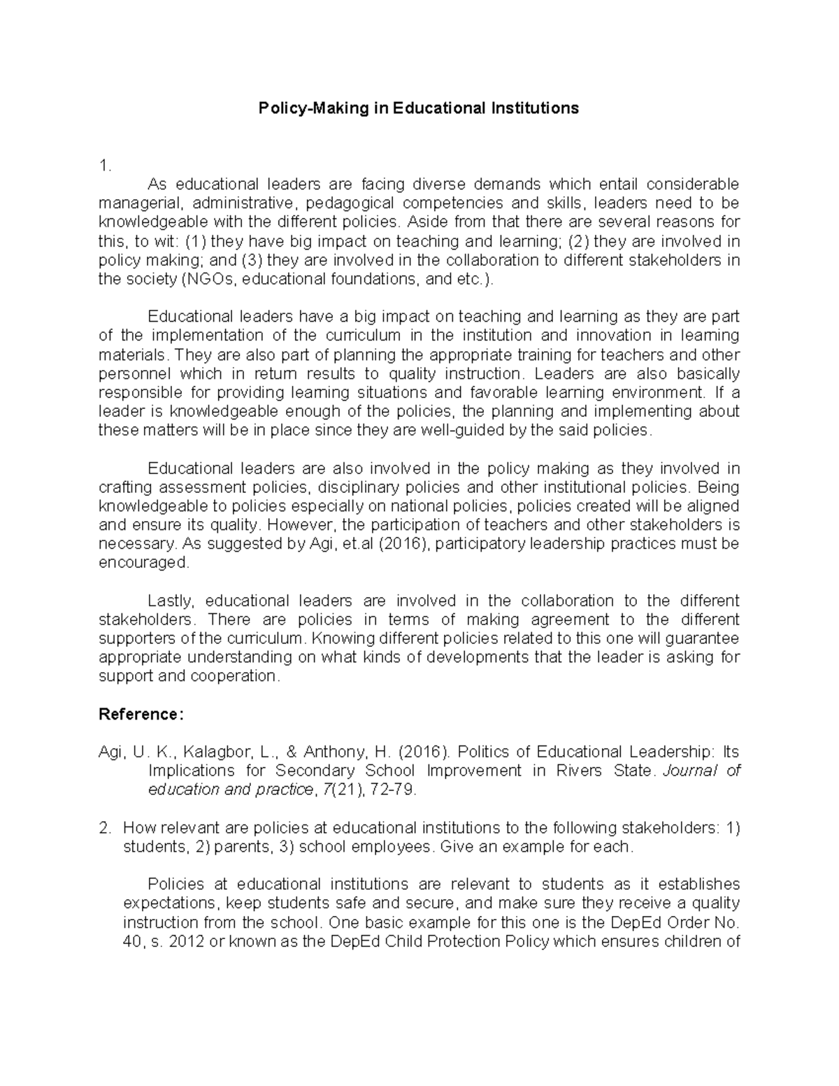 Policy-Making in Educational Institutions - As educational leaders are ...