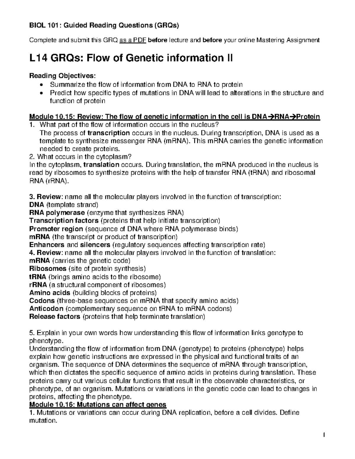Lesson 14 GRQs Flow of Genetic information Part 2 - BIOL 101: Guided ...