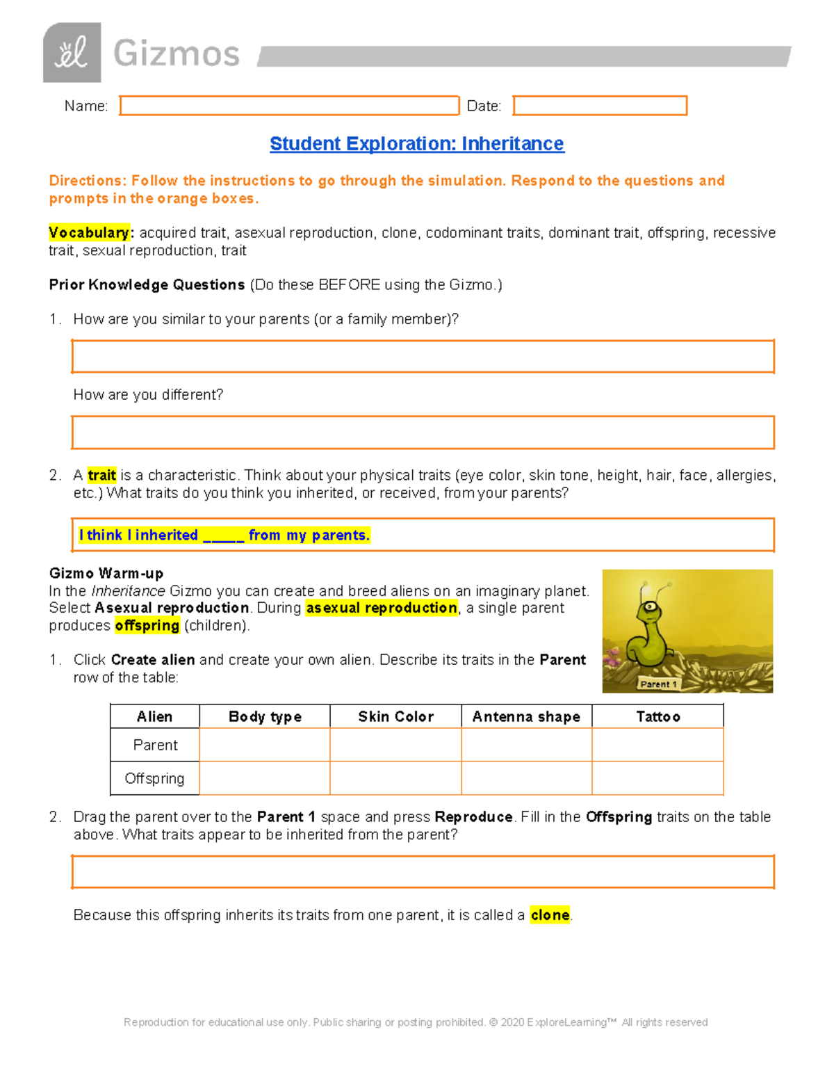 LAB Gizmos Inheritance Student Exploration - Name: Date: Student Exploration: Inheritance - Studocu