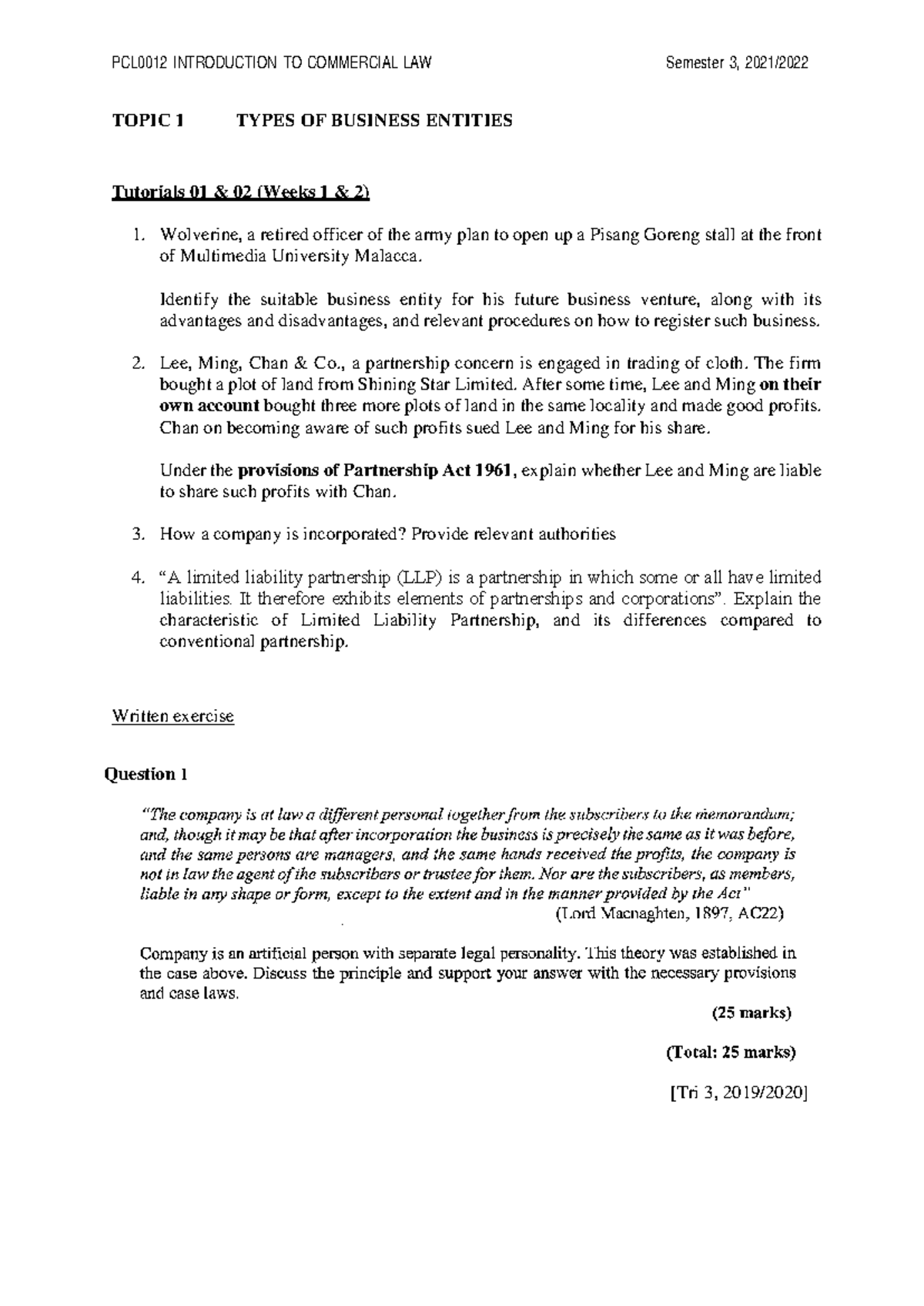 Topic 1 Types OF Business Entities - PCL0012 INTRODUCTION TO COMMERCIAL ...