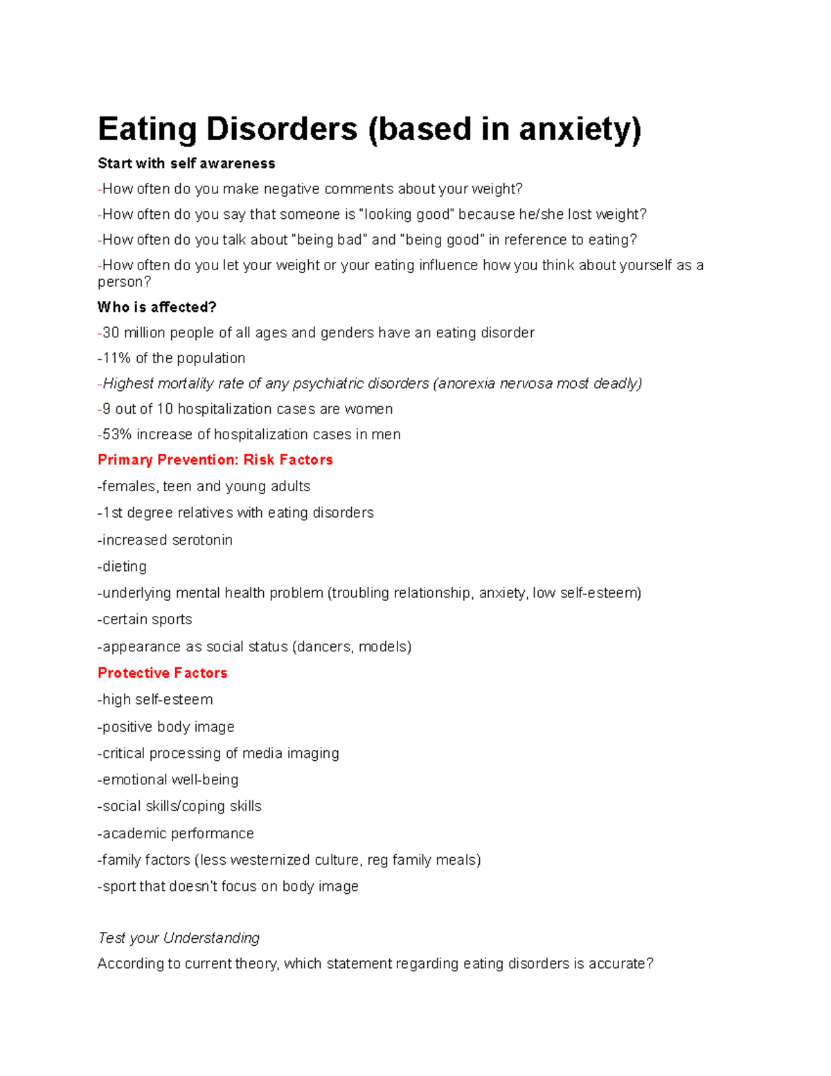 Eating Disorders - lecture notes - Eating Disorders (based in anxiety ...