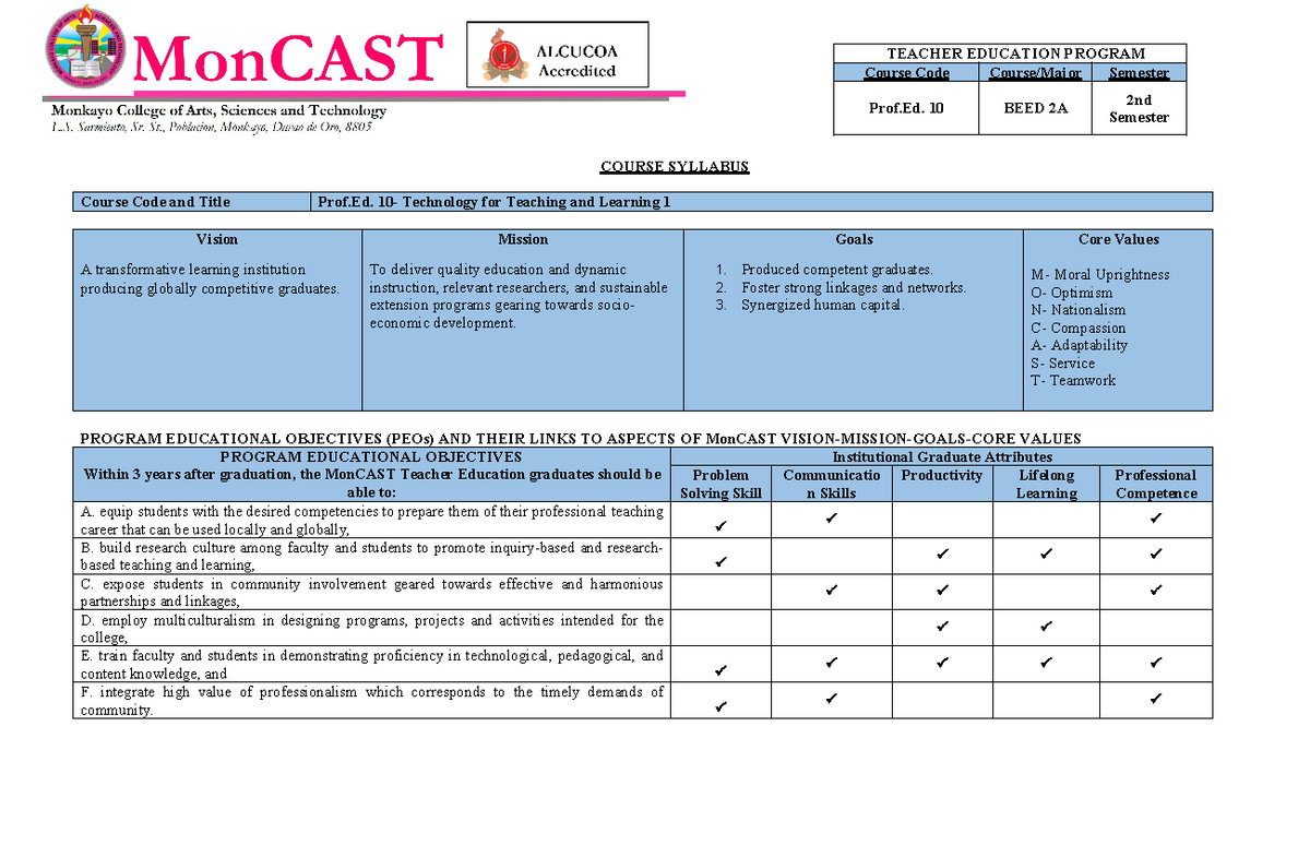 Syllabus Technology for Teaching and Learning 1 1 - COURSE SYLLABUS ...