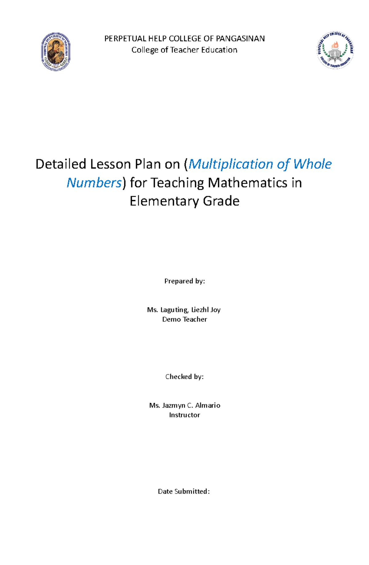 Liez math - None - PERPETUAL HELP COLLEGE OF PANGASINAN College of ...