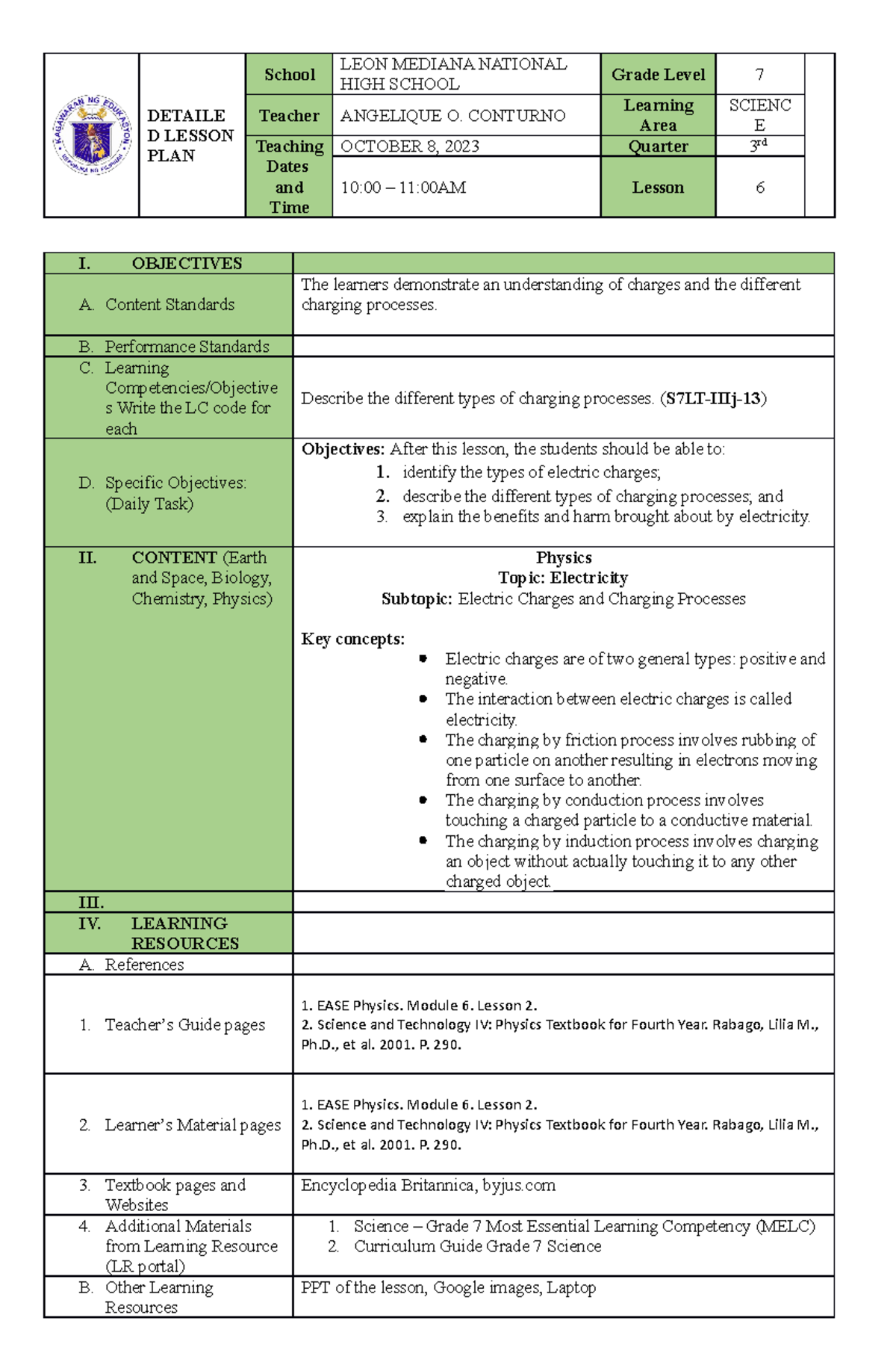 Detailed Lesson Plan - DETAILE D LESSON PLAN School LEON MEDIANA ...