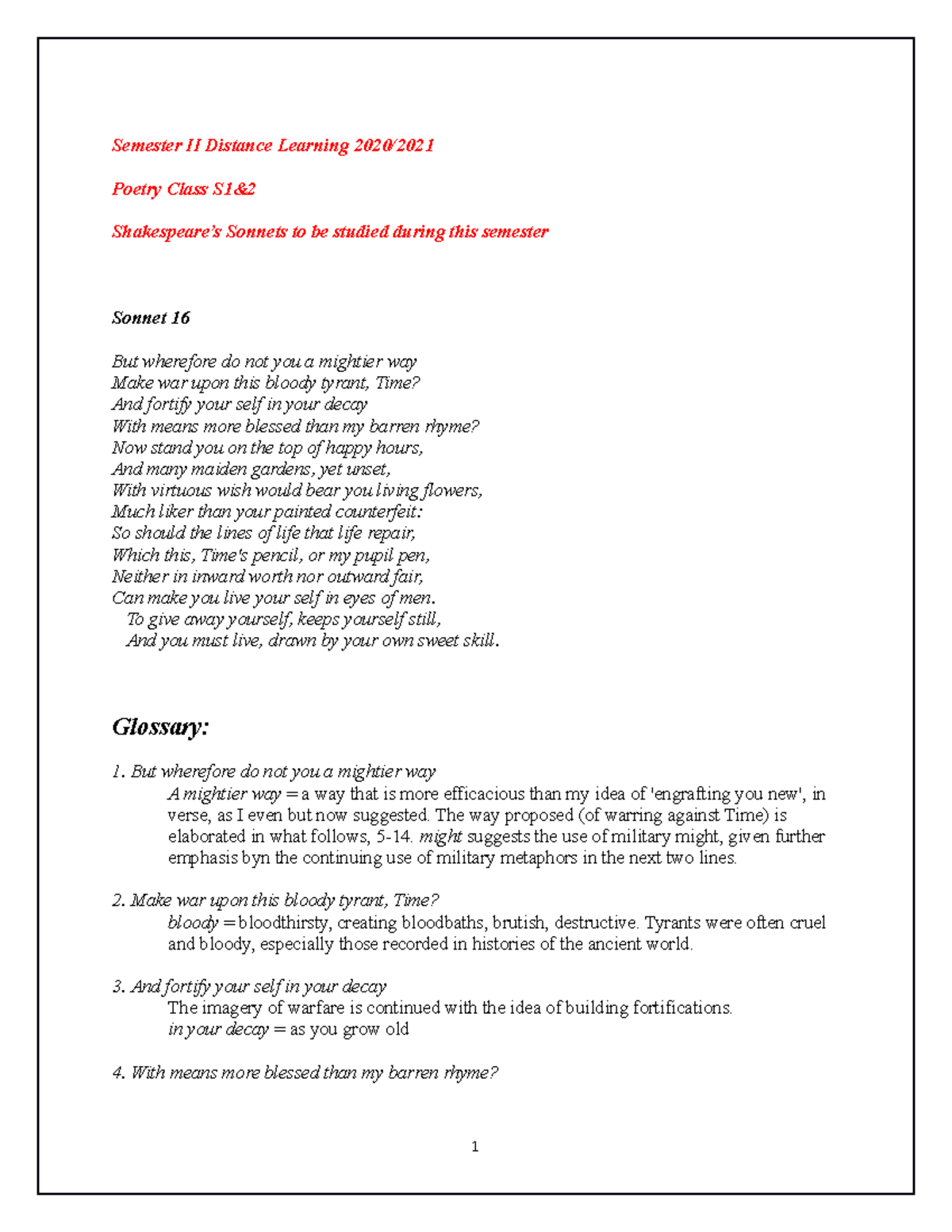 Shakespeares Sonnets 60 and 16 Distance Learning - Entrepreneurship and ...
