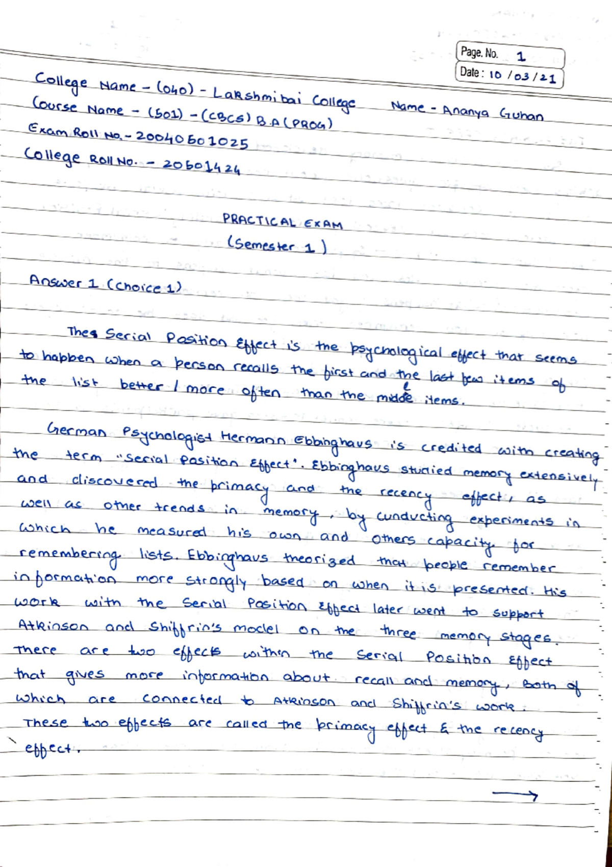 practical file psychology - , Page. No. 'l. Date: , o / o / .z l Coorse ...