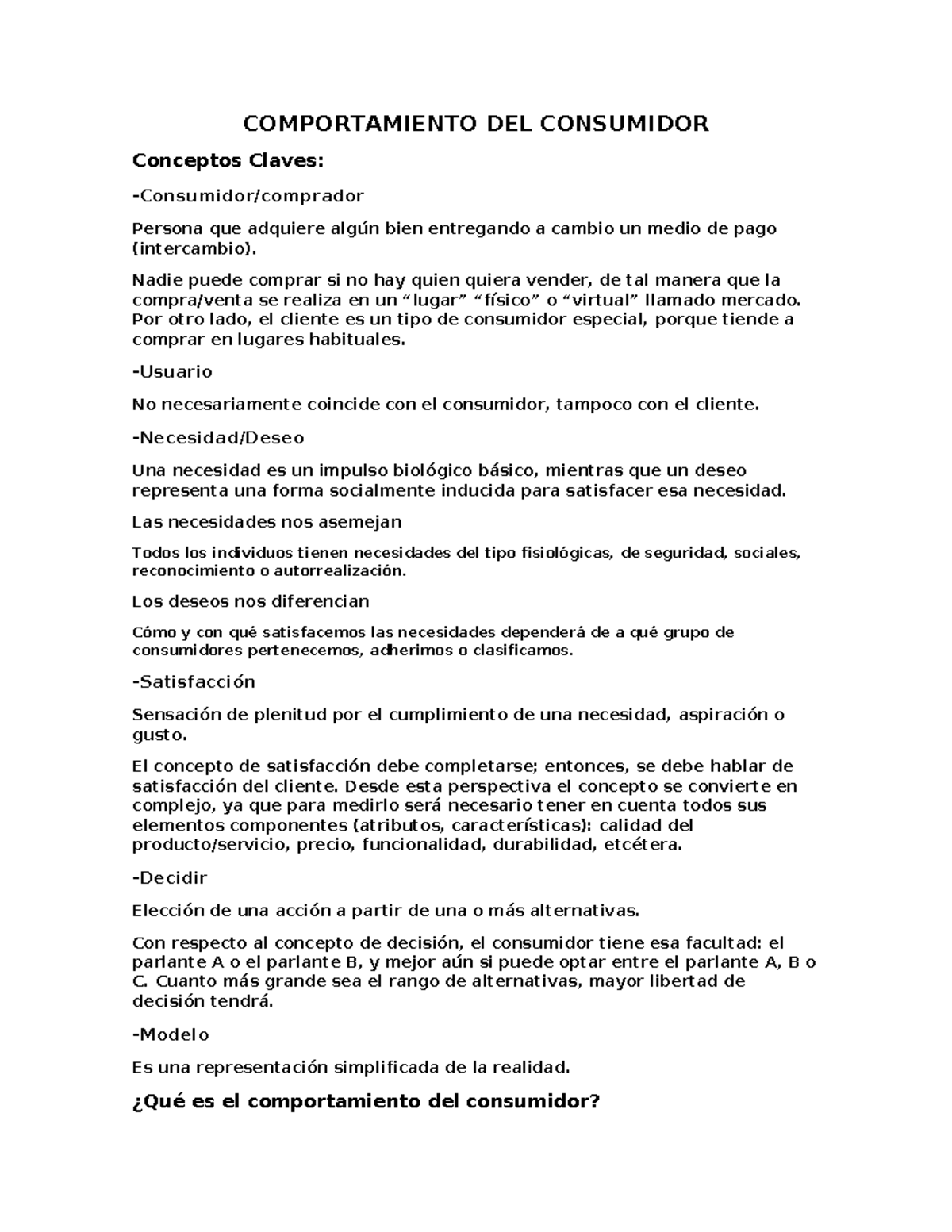Comportamiento DEL Consumidor M1 M2 - COMPORTAMIENTO DEL CONSUMIDOR Conceptos Claves: - - Studocu