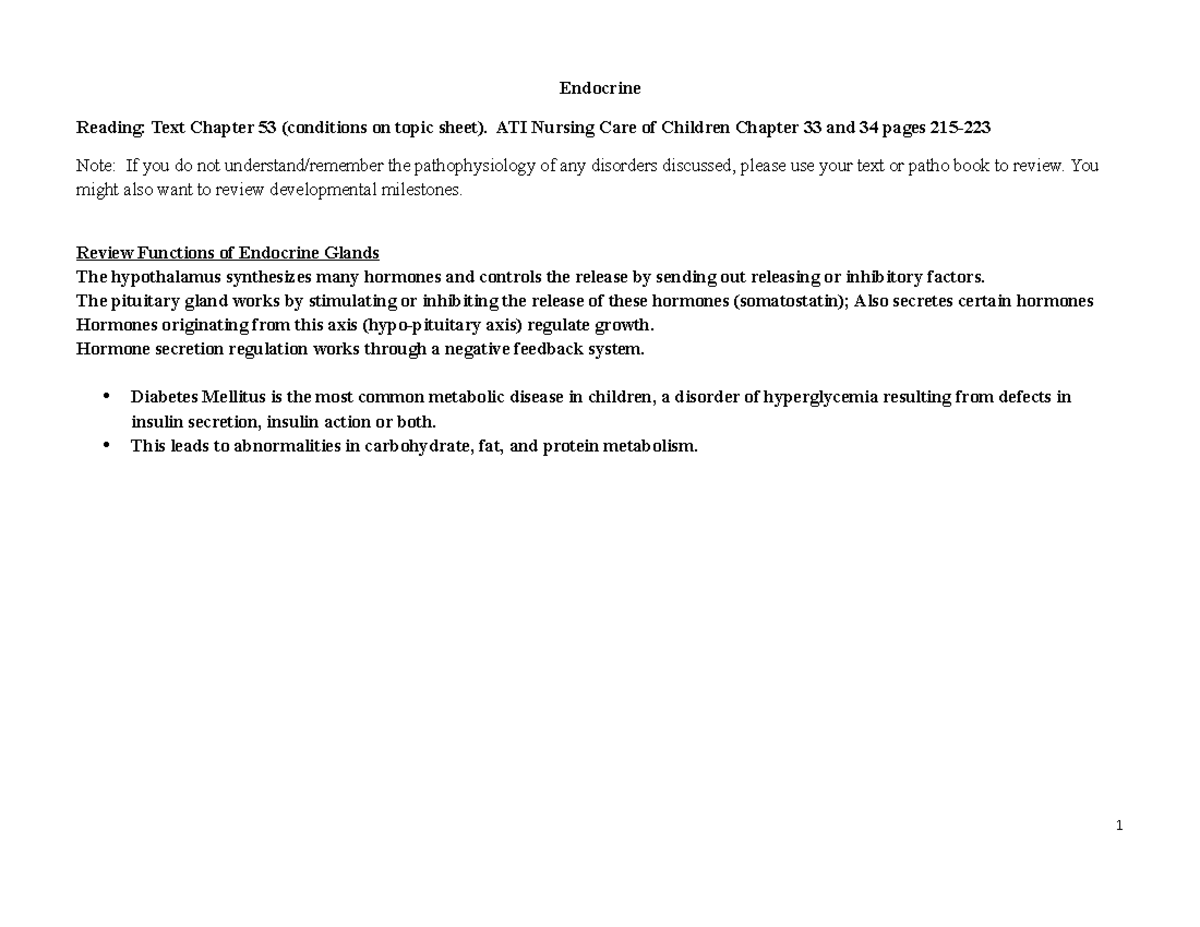 Pedi Endocrine Topic Sheet r22 - Endocrine Reading: Text Chapter 53 ...