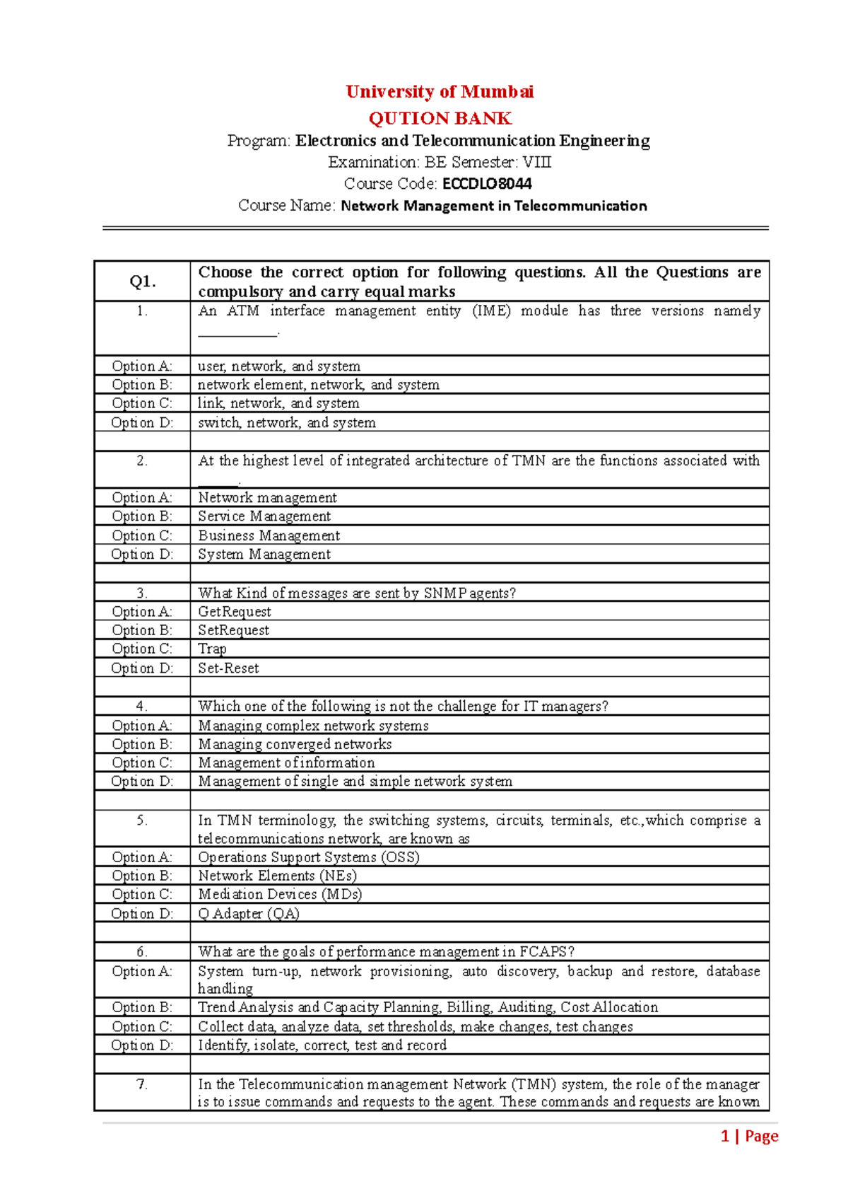 EXTC VIII Eccdlo 8044 QB - University of Mumbai QUTION BANK Program ...