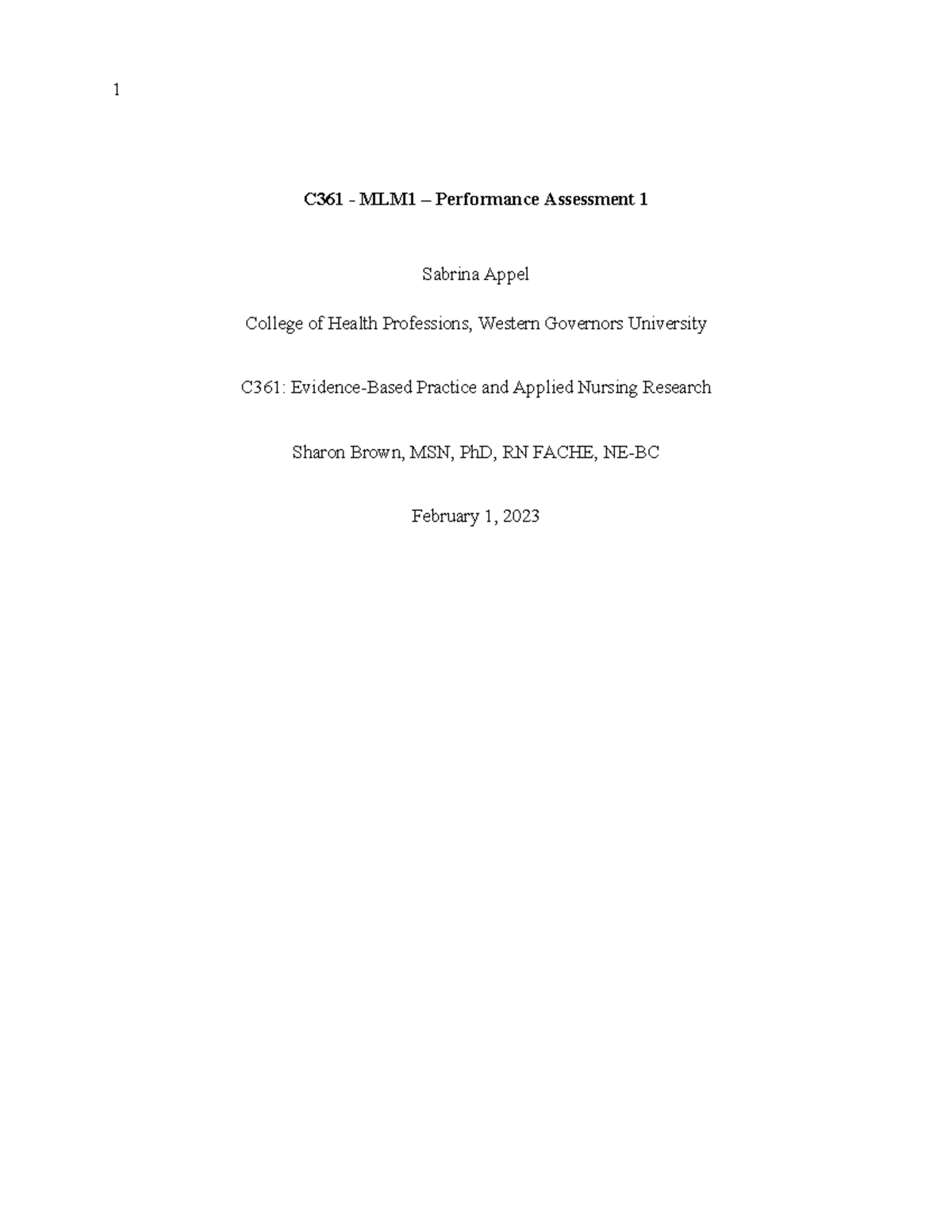 EBP 2 - Evidence Based Practice Paper - C361 - MLM1 – Performance ...