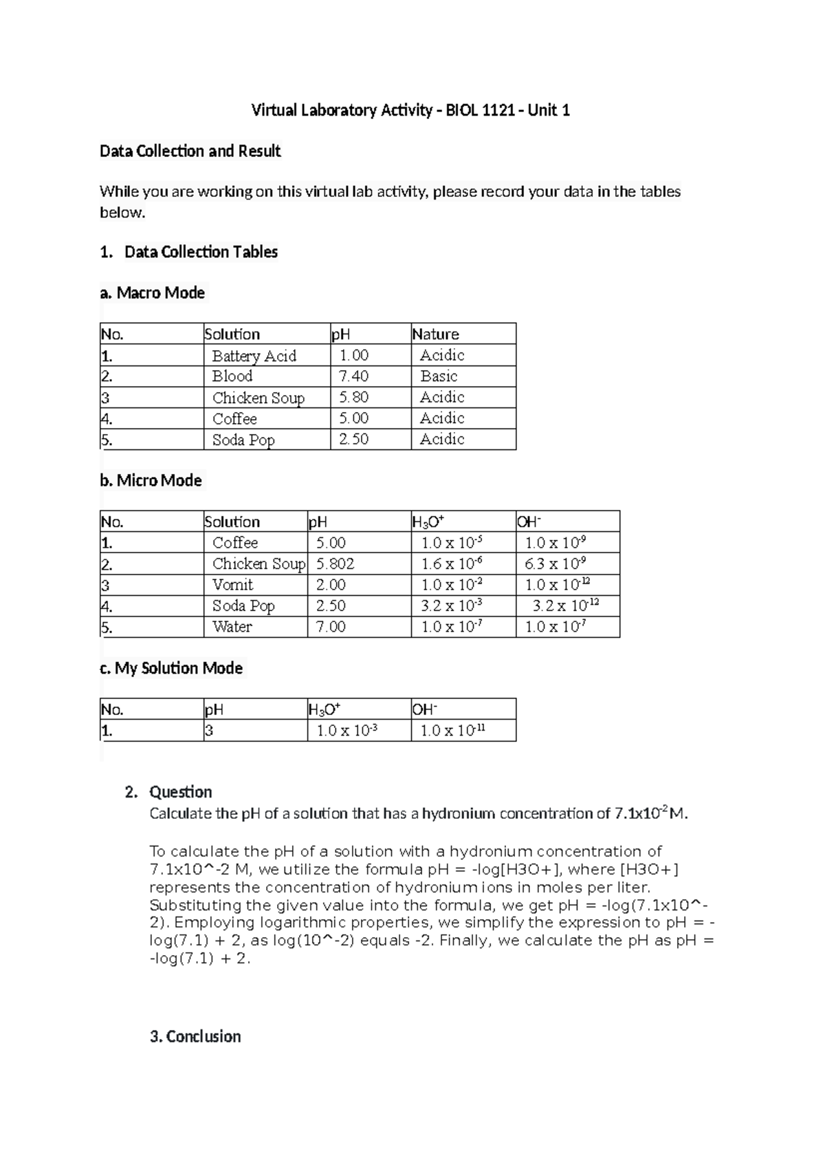 Experiment 1 - Data Collection and Result - Virtual Laboratory Activity - BIOL 1121 - Unit 1 ...