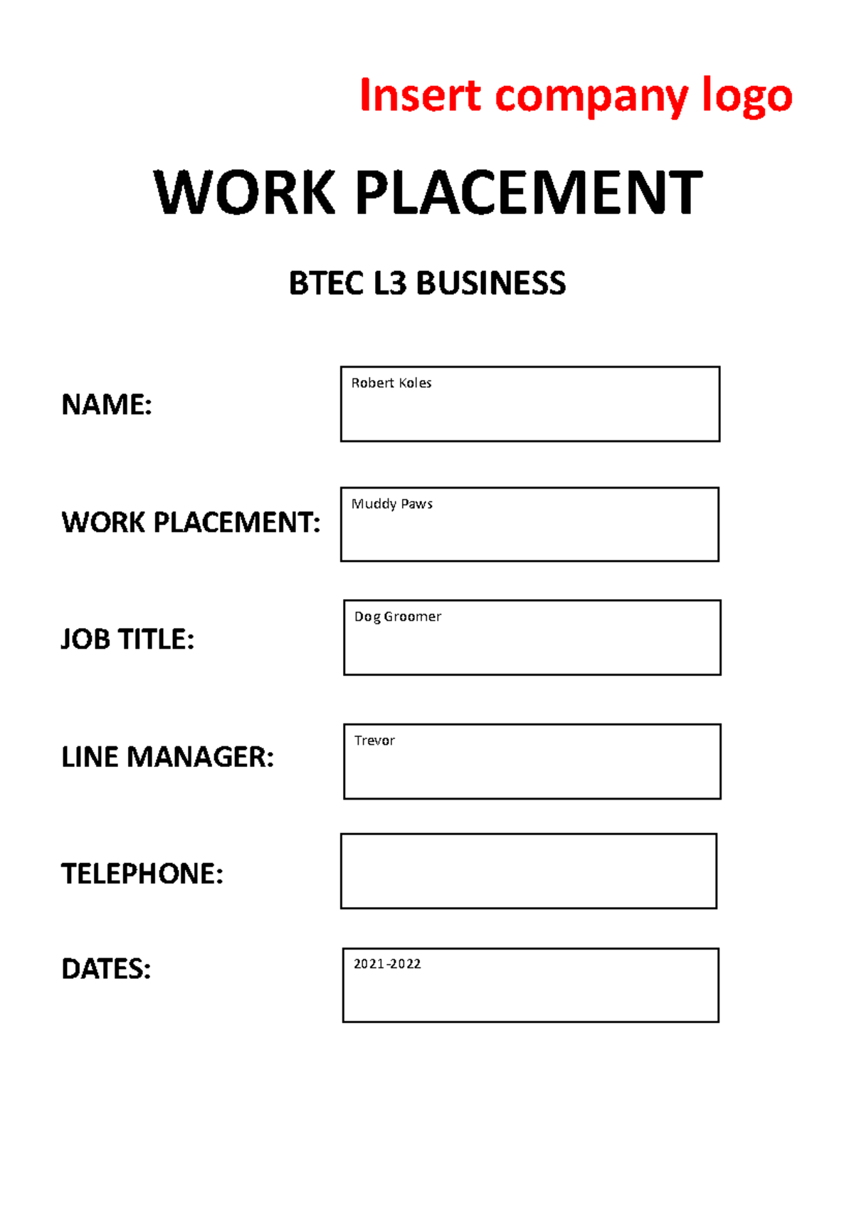WORK Placement LOG - hhh - Insert company logo WORK PLACEMENT BTEC L3 ...