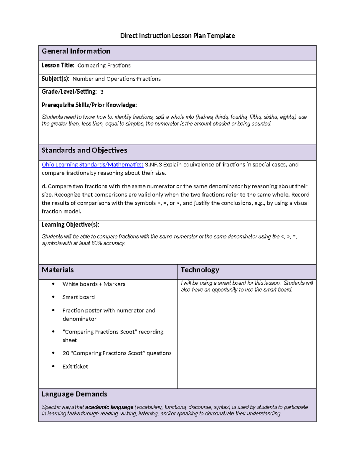 Task 4 Lesson Plan - Direct Instruction Lesson Plan Template General ...