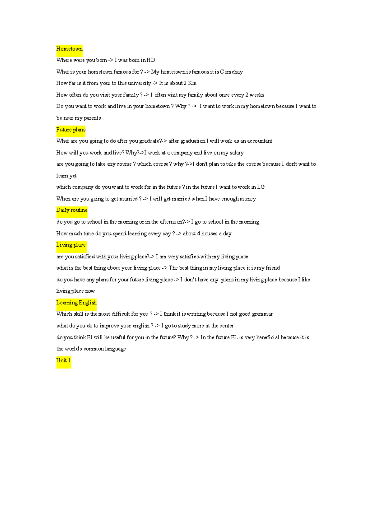 Card - abc - Hometown Where were you born -> I was born in HD What is ...