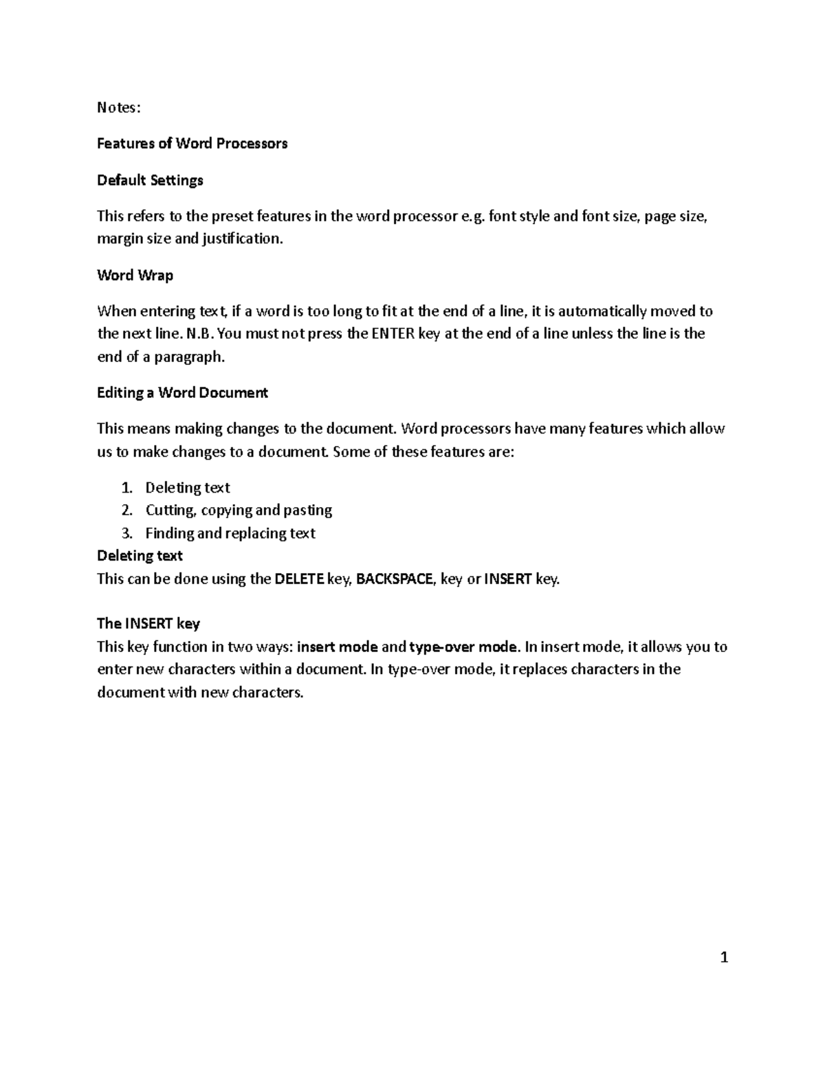 Section 6 - For your own perusal. - Notes: Features of Word Processors ...