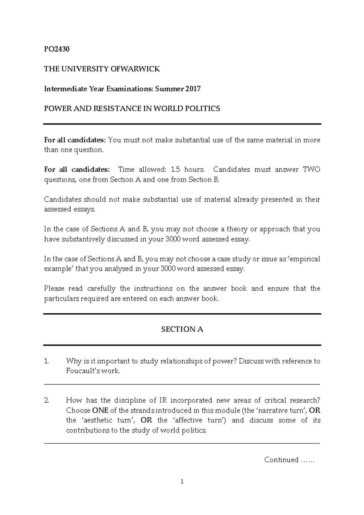 PO243 Power and Resistance in World Politics: Practice Material 2017 ...