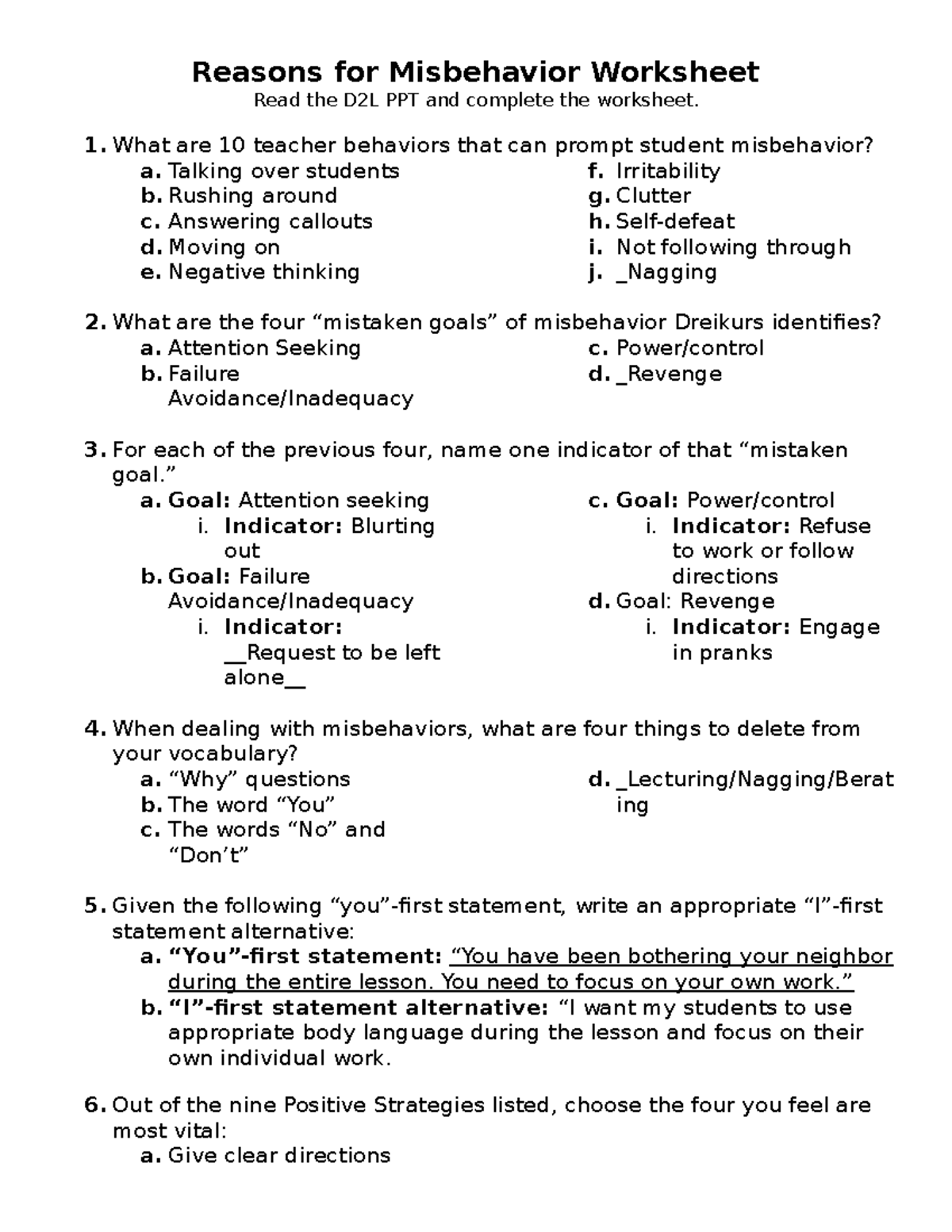 Reasons Misbehavior.HW - Reasons for Misbehavior Worksheet Read the D2L ...