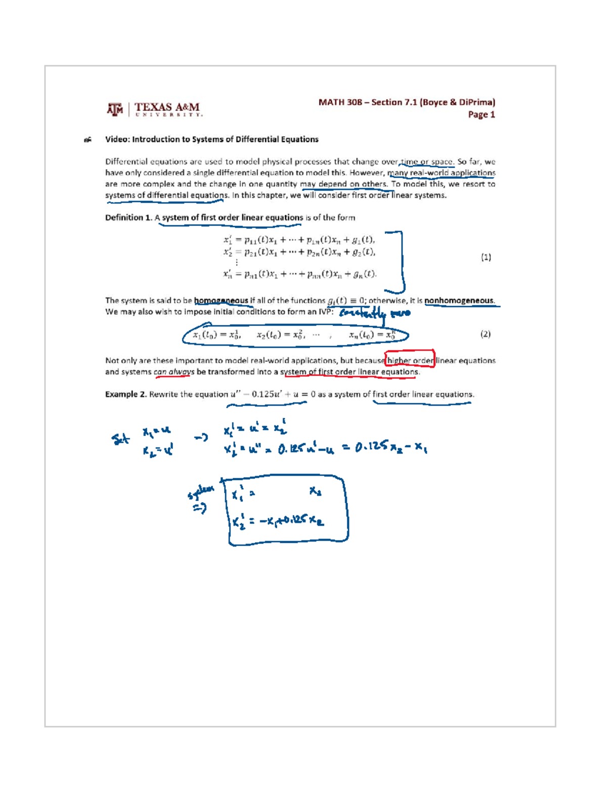 Diff EQ - 7.1 Completed Section Notes (Boyce Di Prima) - MATH 308 - Studocu