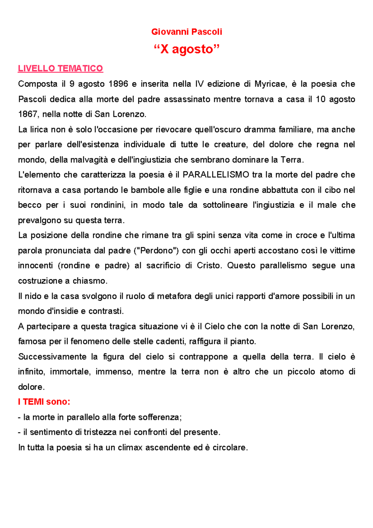 Pascoli X agosto analisi - Giovanni Pascoli “X agosto” LIVELLO TEMATICO ...