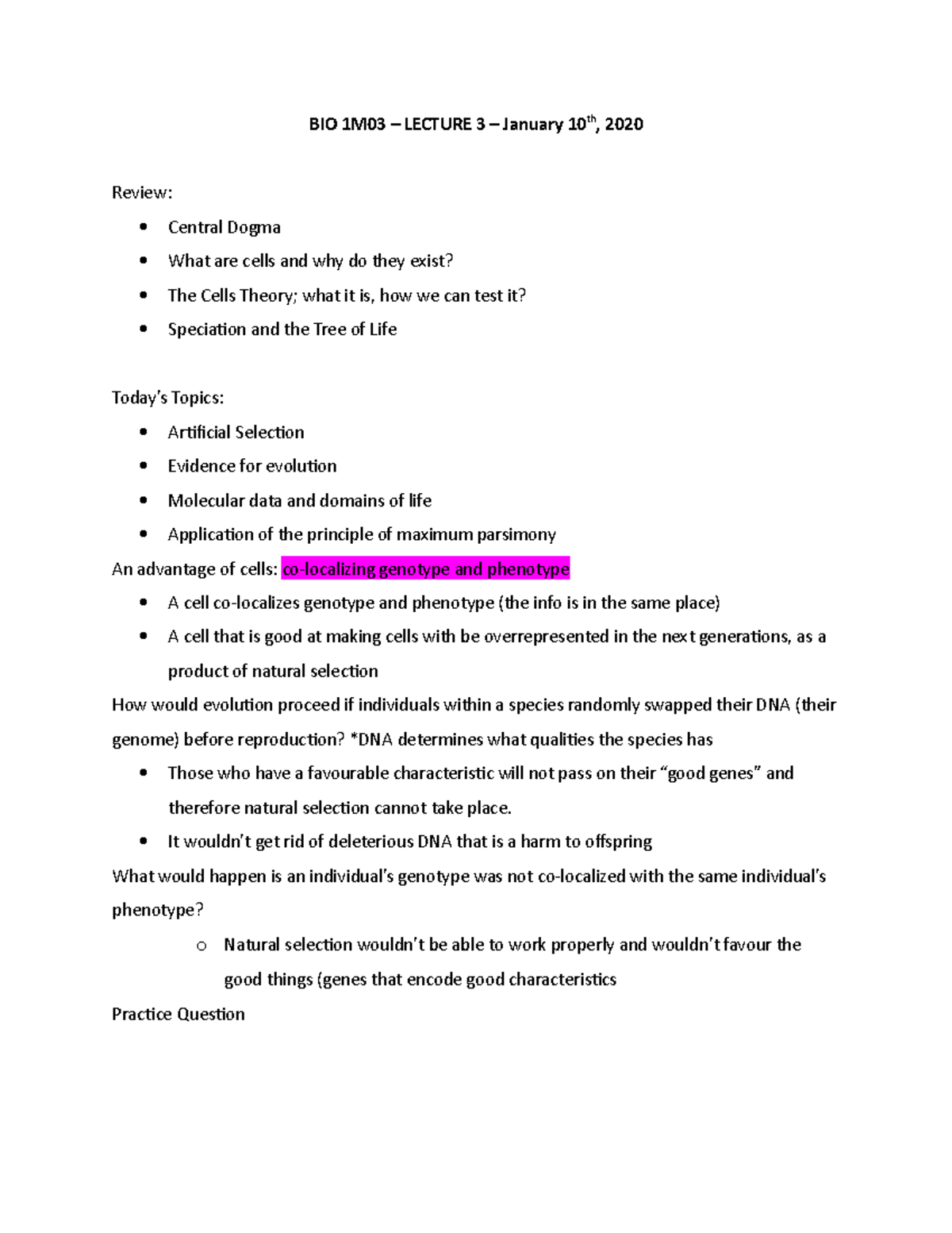 Lecture 3 - BIO 1M03 - BIO 1M03 – LECTURE 3 – January 10th, 2020 Review ...