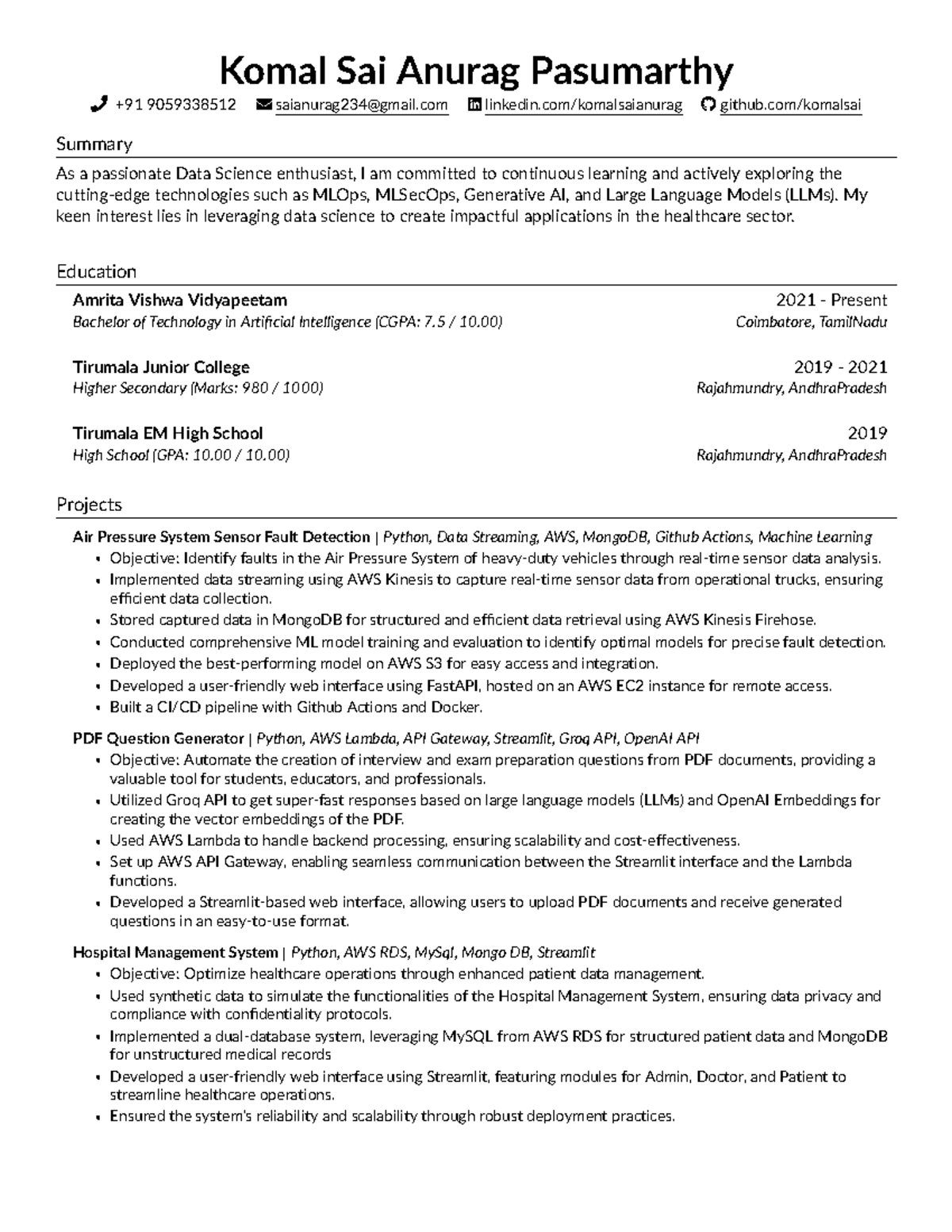 Komal Sai Anurag Pasumarthy Resume - Komal Sai Anurag Pasumarthy +91 9059338512 # - Studocu