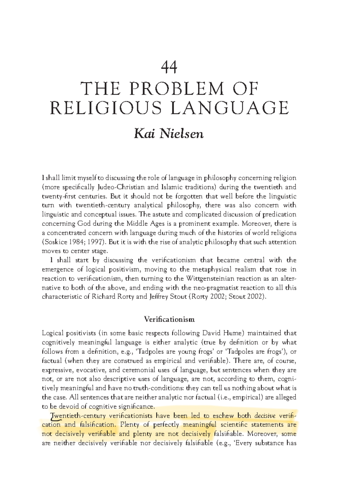 Religious language - self reading - 44 TH E P RO B L E M O F RELI GIO U ...