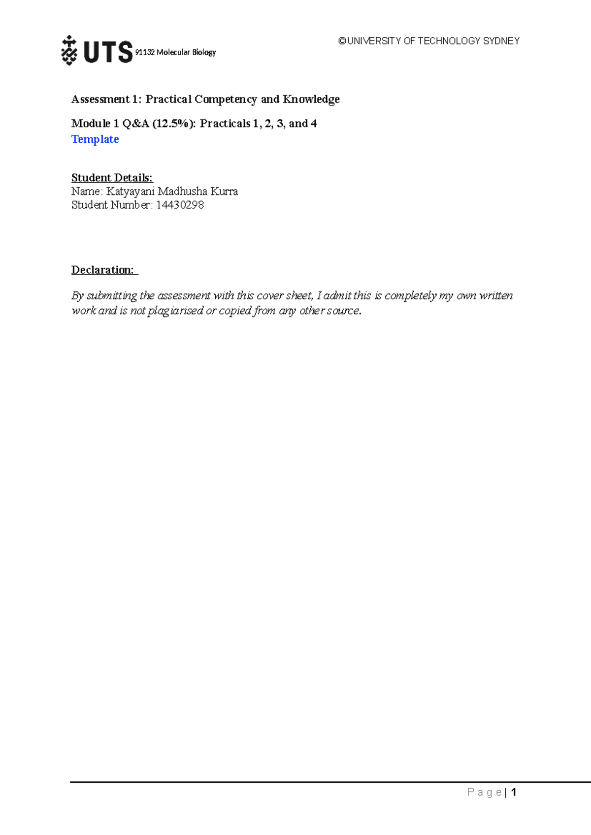 Module 1 Template - Assessment 1 - 91132 Molecular Biology Assessment 1 ...