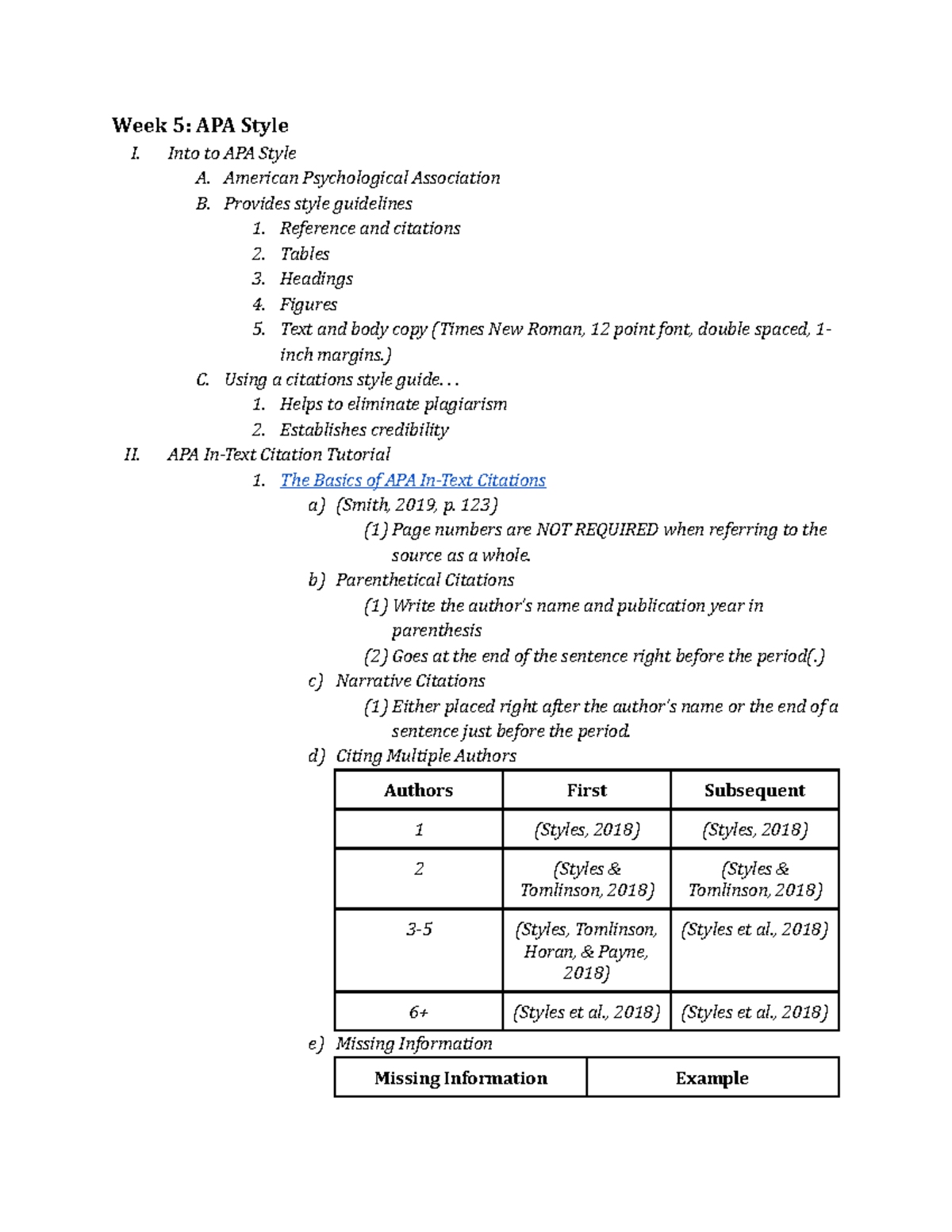 Week 5 Notes APA Style (cont - Week 5: APA Style I. Into to APA Style A ...