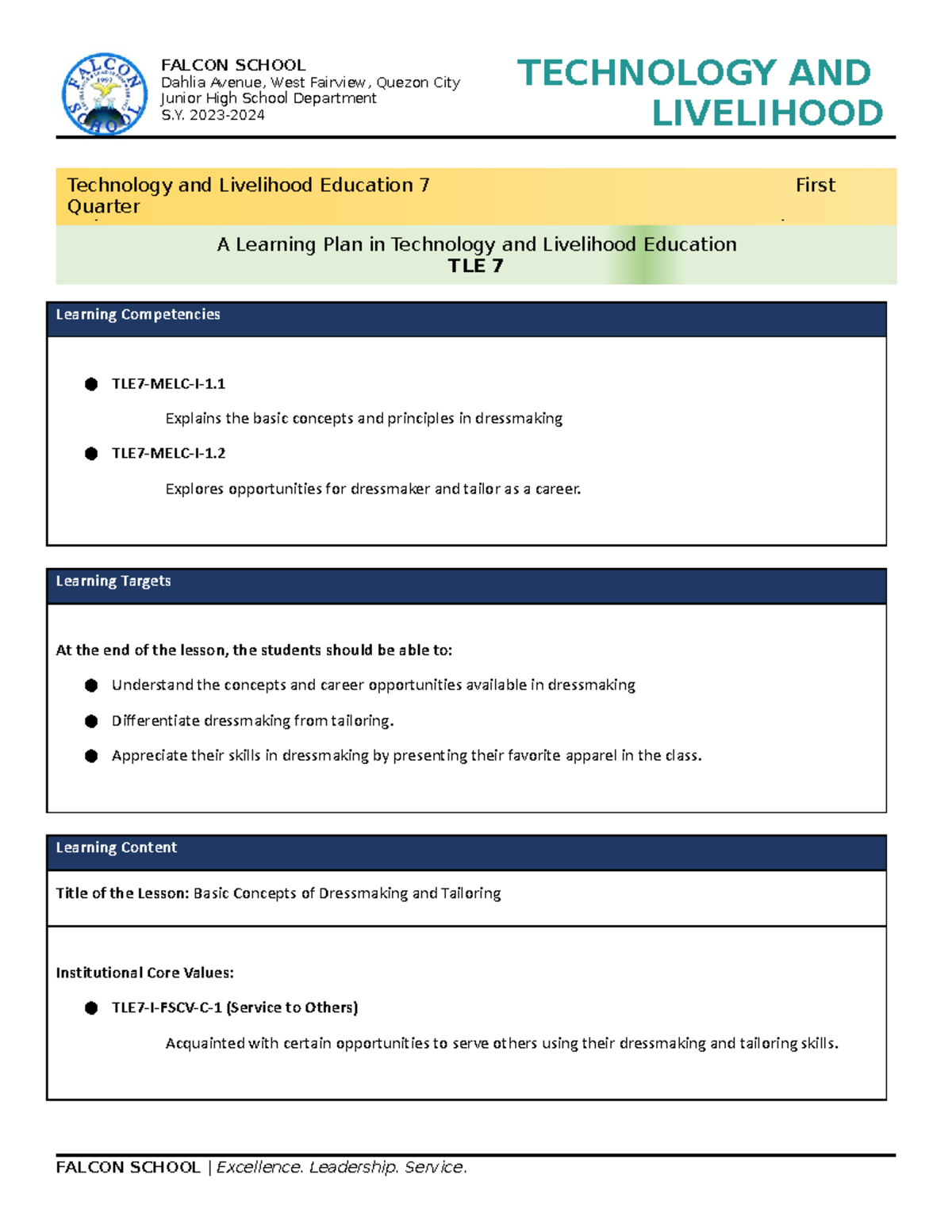 TLE7-LP-I-1 (Basic Concepts of Dressmaking and Tailoring) - Dahlia Avenue, West Fairview, Quezon ...