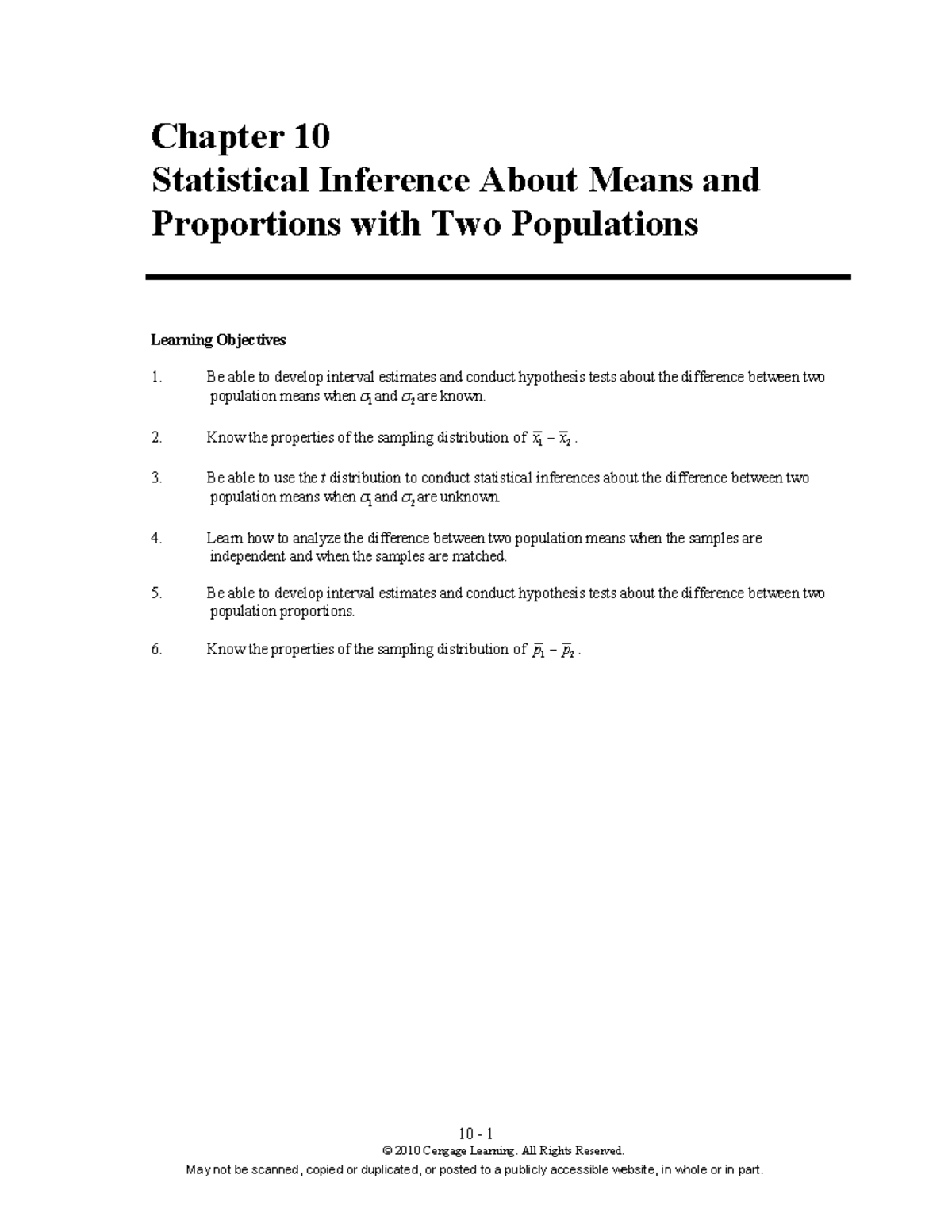 Chapter-10 - 10 - 1 © 2010 Cengage Learning. All Rights Reserved. Chapter 10 Statistical ...