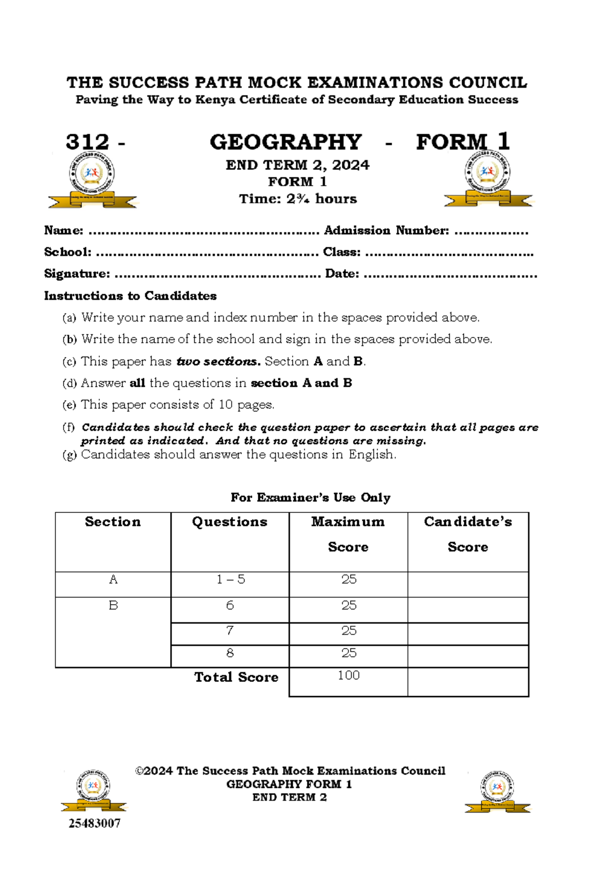 Geography FORM 1 QS - REVISION - Name ...
