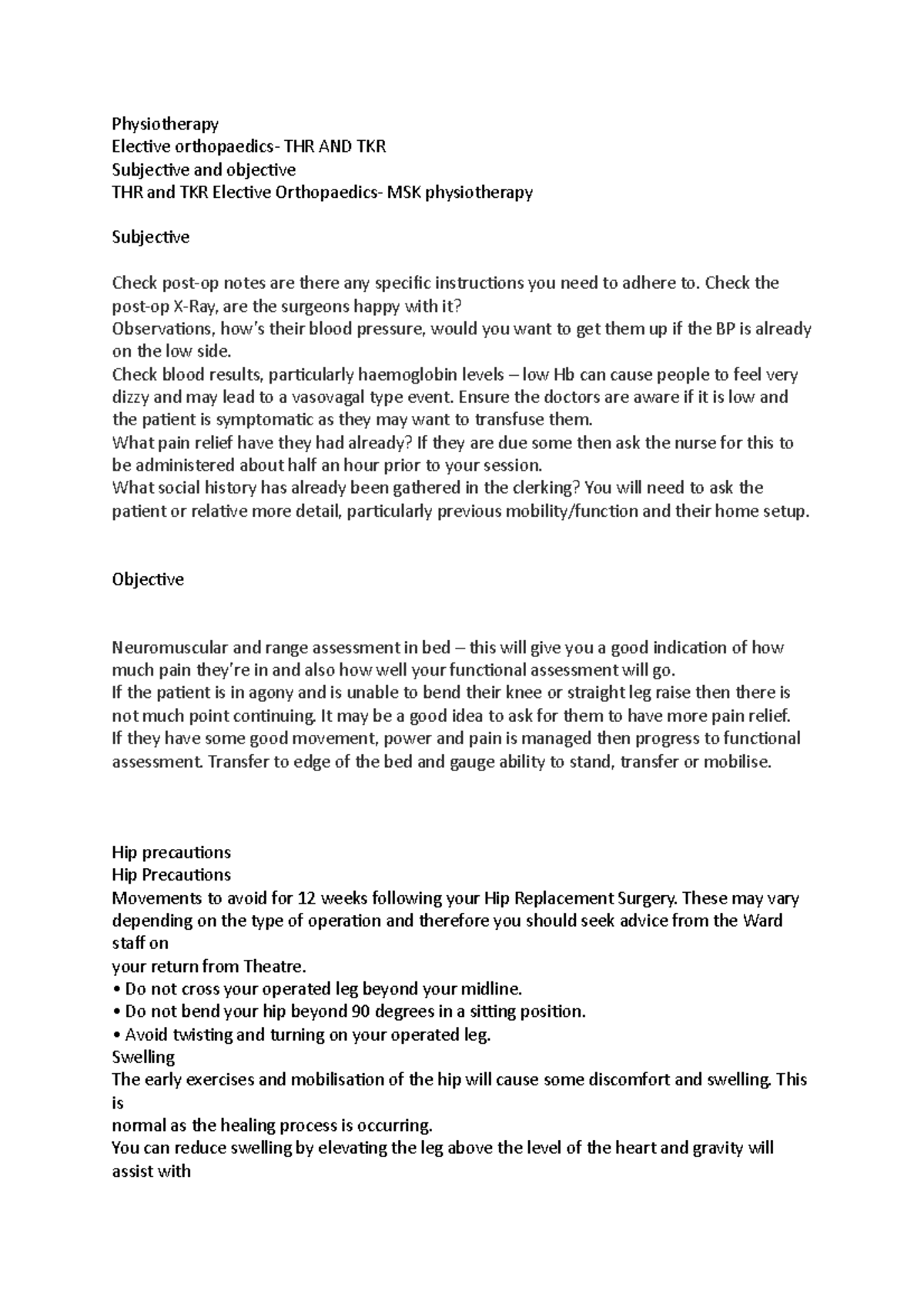 Physiotherapy Elective Orthopaedics Thr And Tkr Subjective And Objective Physiotherapy